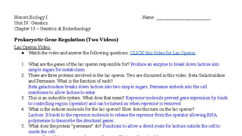 Honors Biology Unit IV: Genetics - Prokaryotic Gene Regulation Lab Key ...