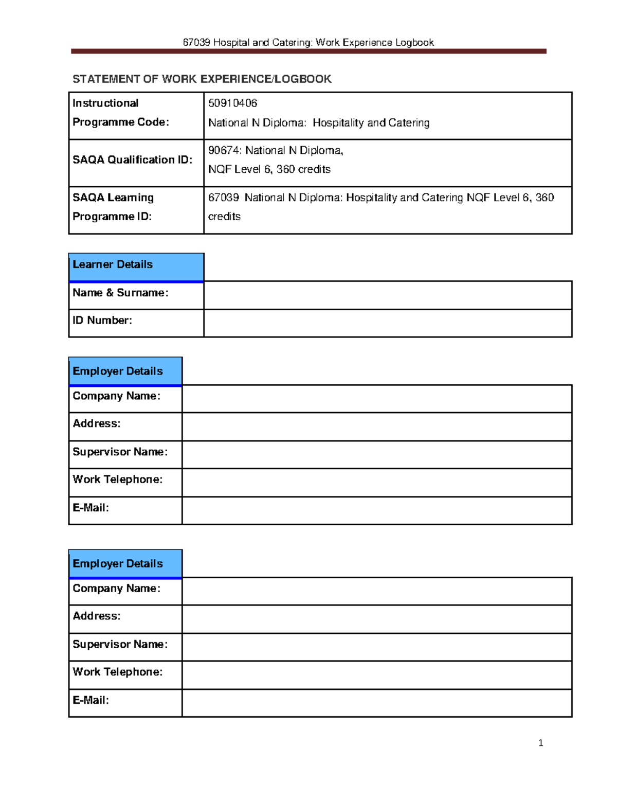 50910406 Work Experience Logbook for Nat N Diploma in Hospitality ...