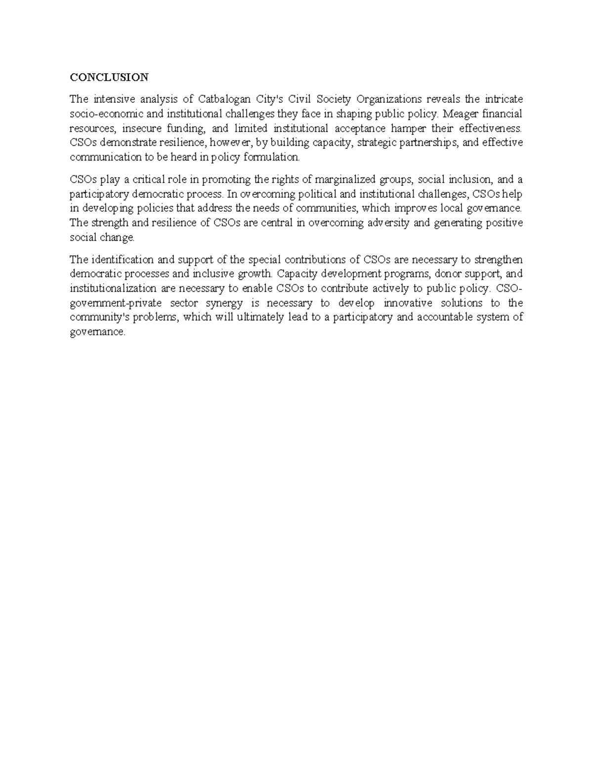 Conclusion - CONCLUSION The intensive analysis of Catbalogan City's ...