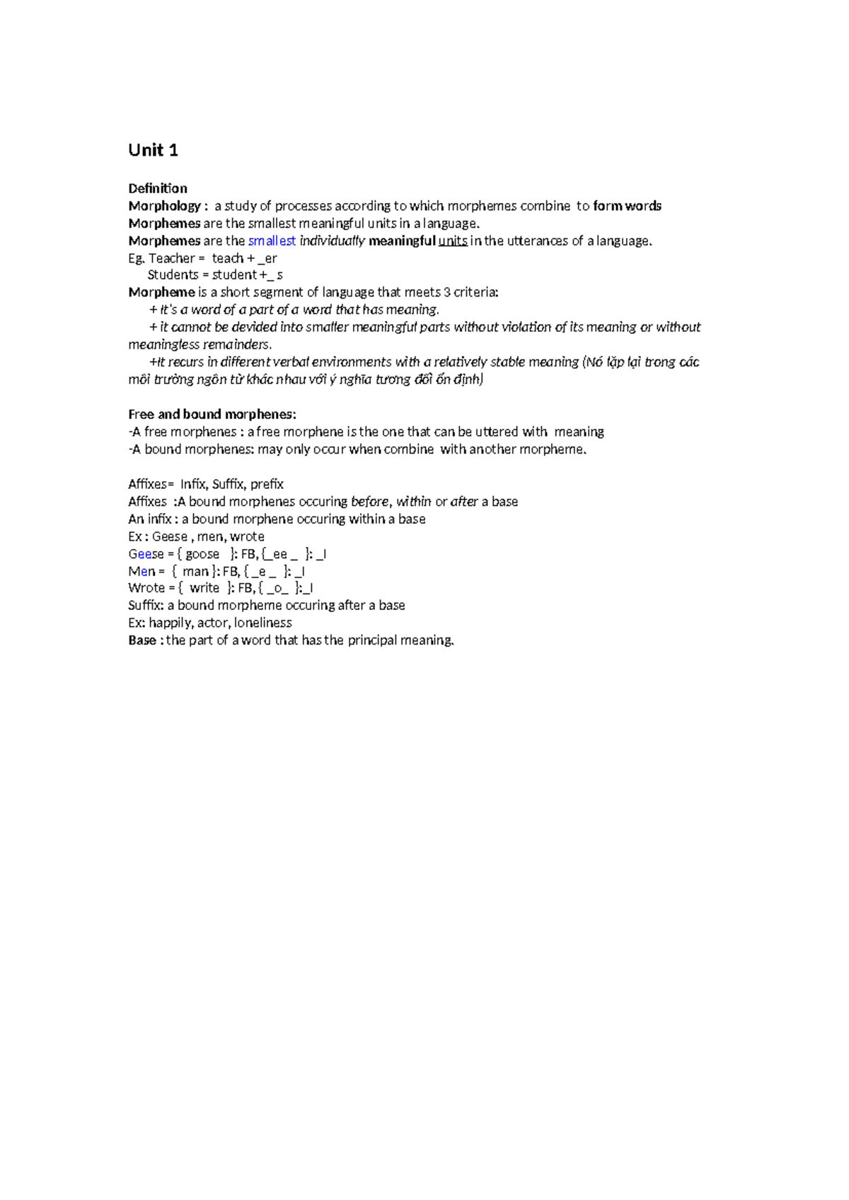Unit 1 - Morphology: Understanding Morphemes and Their Functions - Studocu