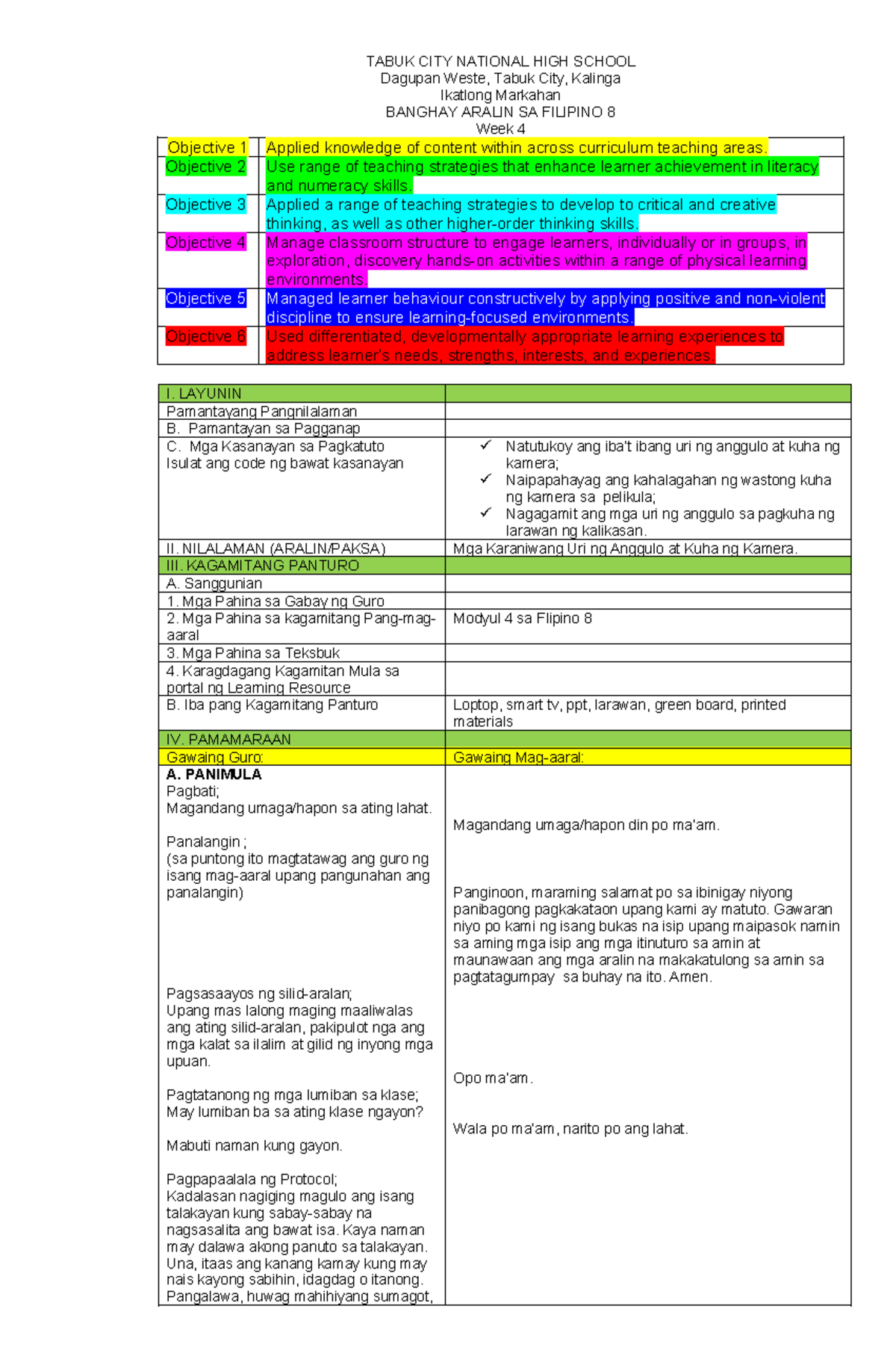 LP 16 - Lesson Plan for Filipino 8: Weekly Objectives & Strategies ...