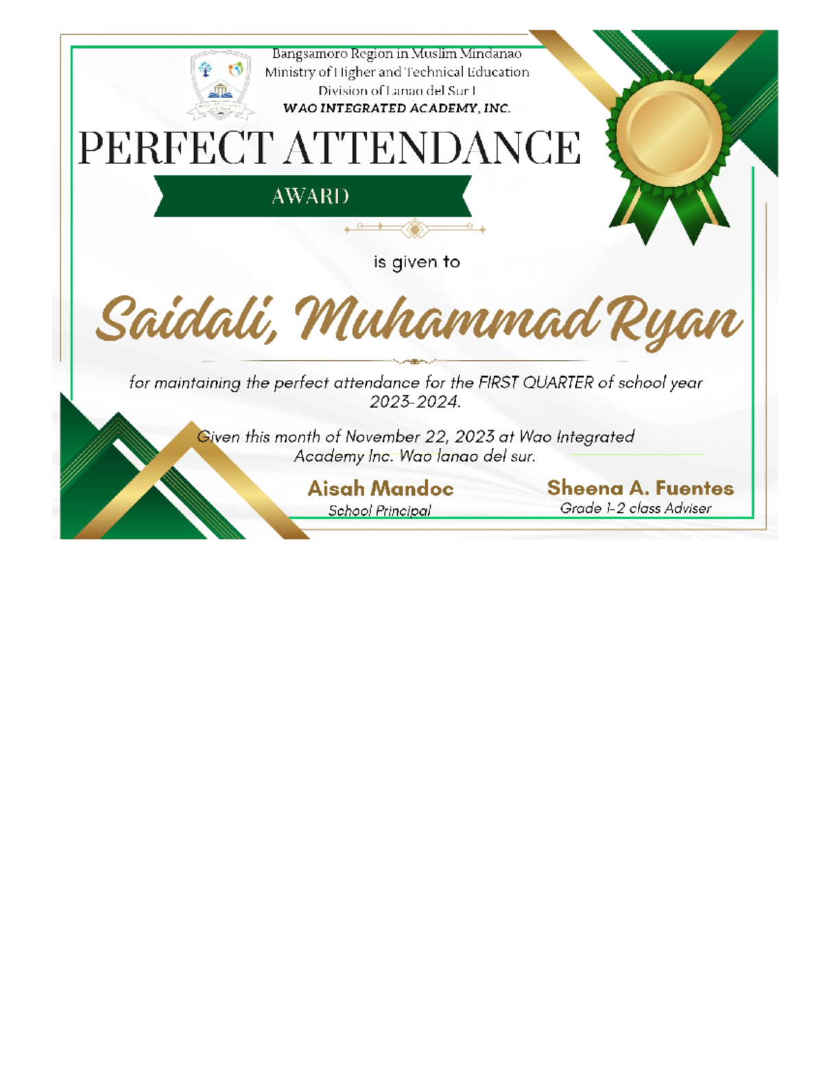 WAO INTEGRATED ACADEMY, INC. FIRST QUARTER Award Certificates - Studocu