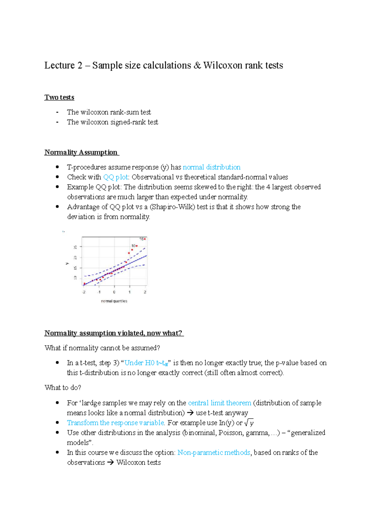 Lecture 2: Wilcoxon Rank Tests & Sample Size Calculations - Studeersnel
