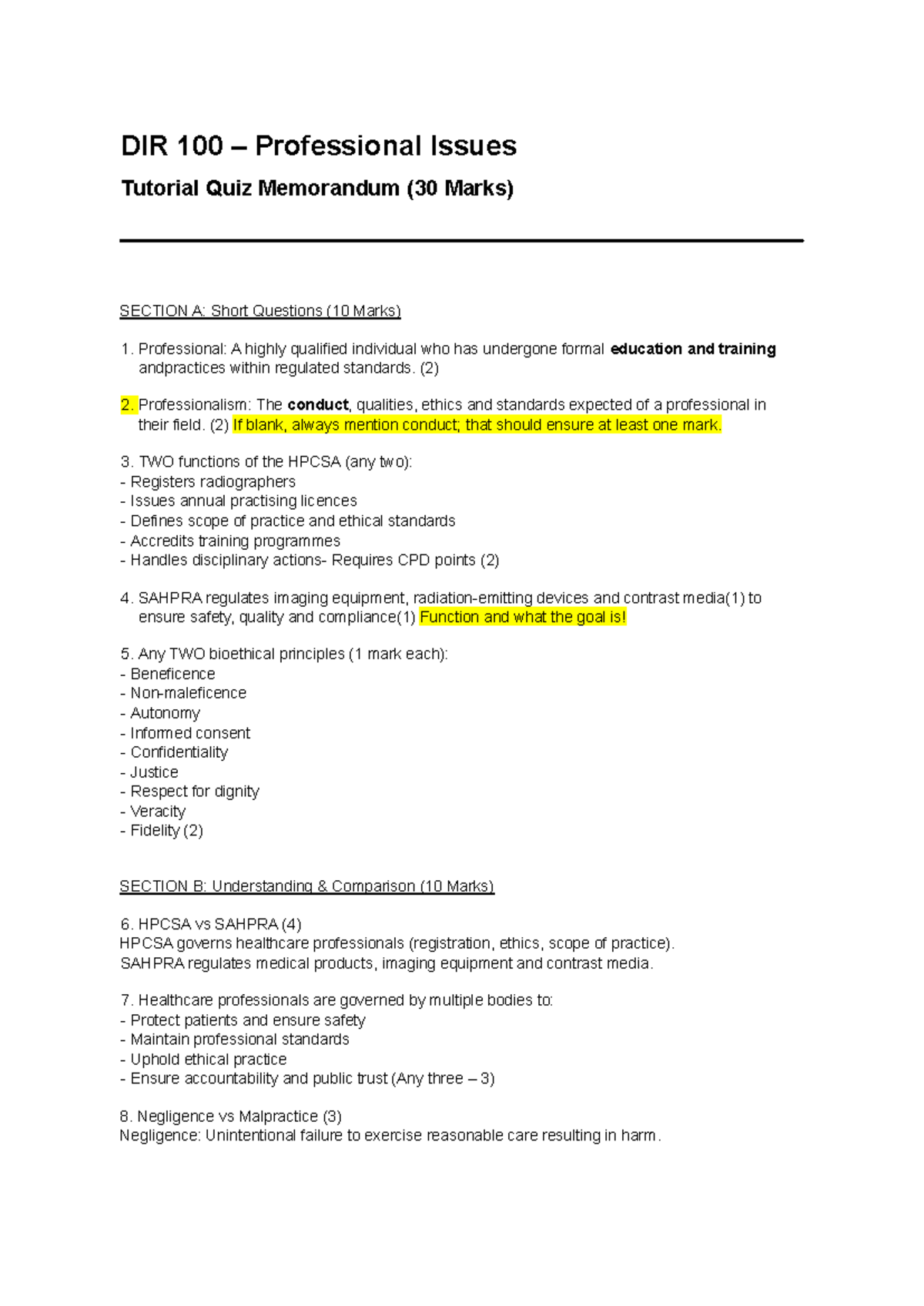 DIR 100 Professional Issues Tutorial Quiz Memo (30 Marks) - Studocu
