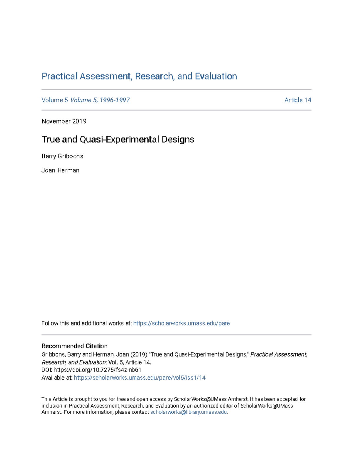 True and Quasi-Experimental Designs - Practical Assessment, Research ...