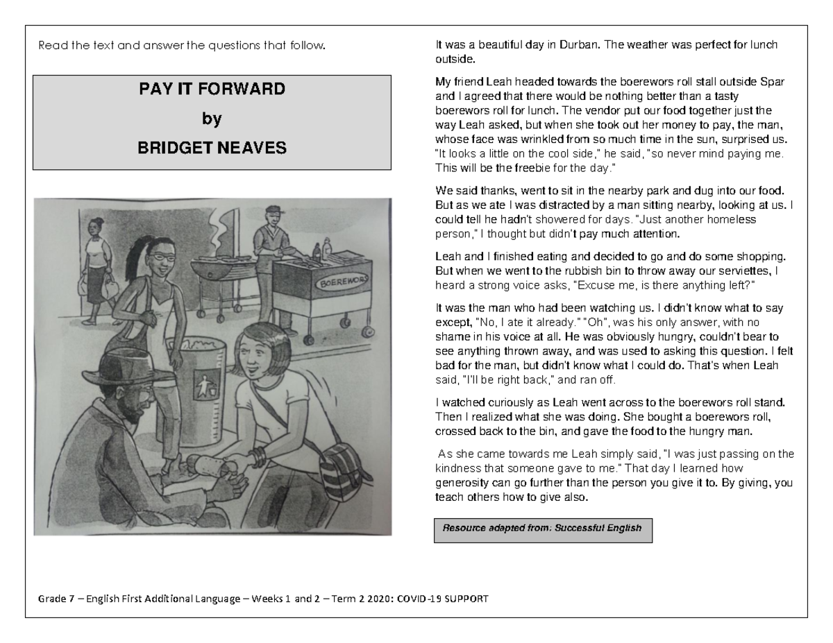 Grade 7 English First Additional Language: Pay It Forward Narrative ...