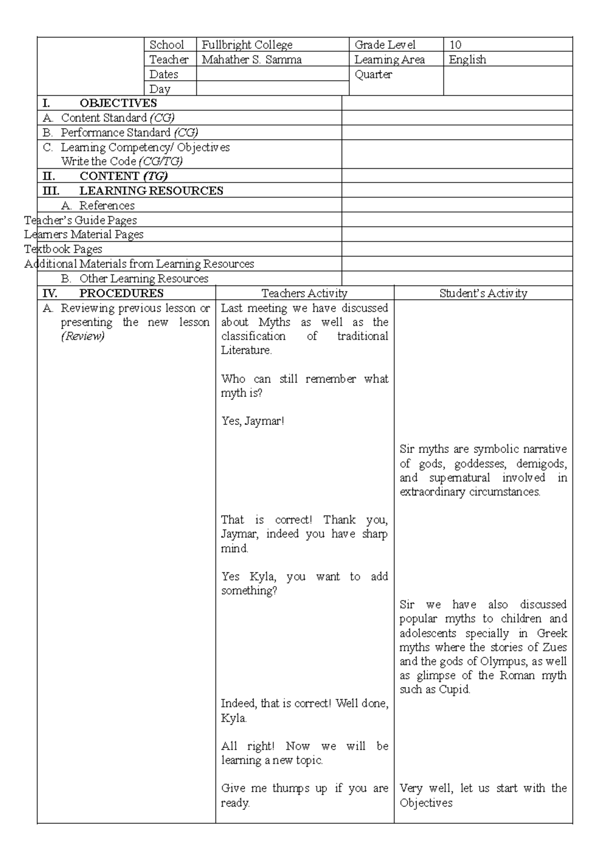 DLP - Detailed Lesson Plan on Myths and Fairytales for Grade Level ...