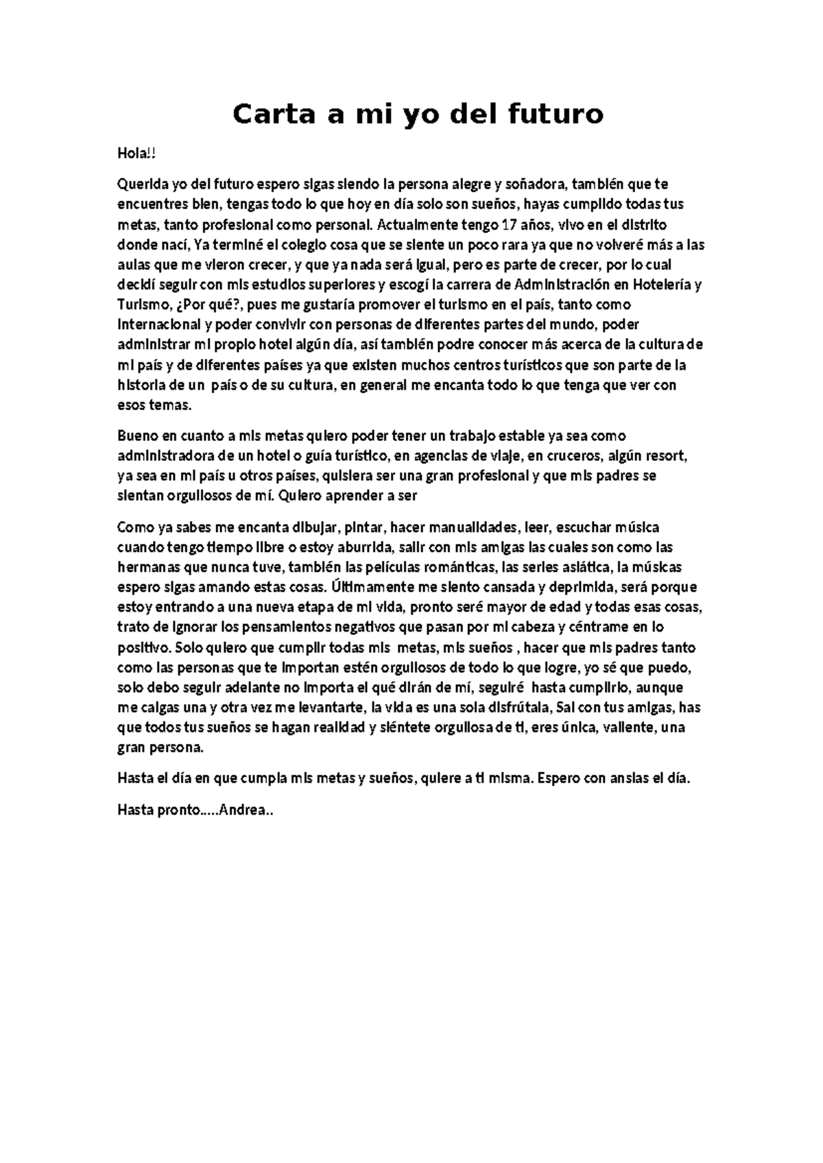 Carta a mi yo del futuro: Reflexiones y Metas Personales - Studocu