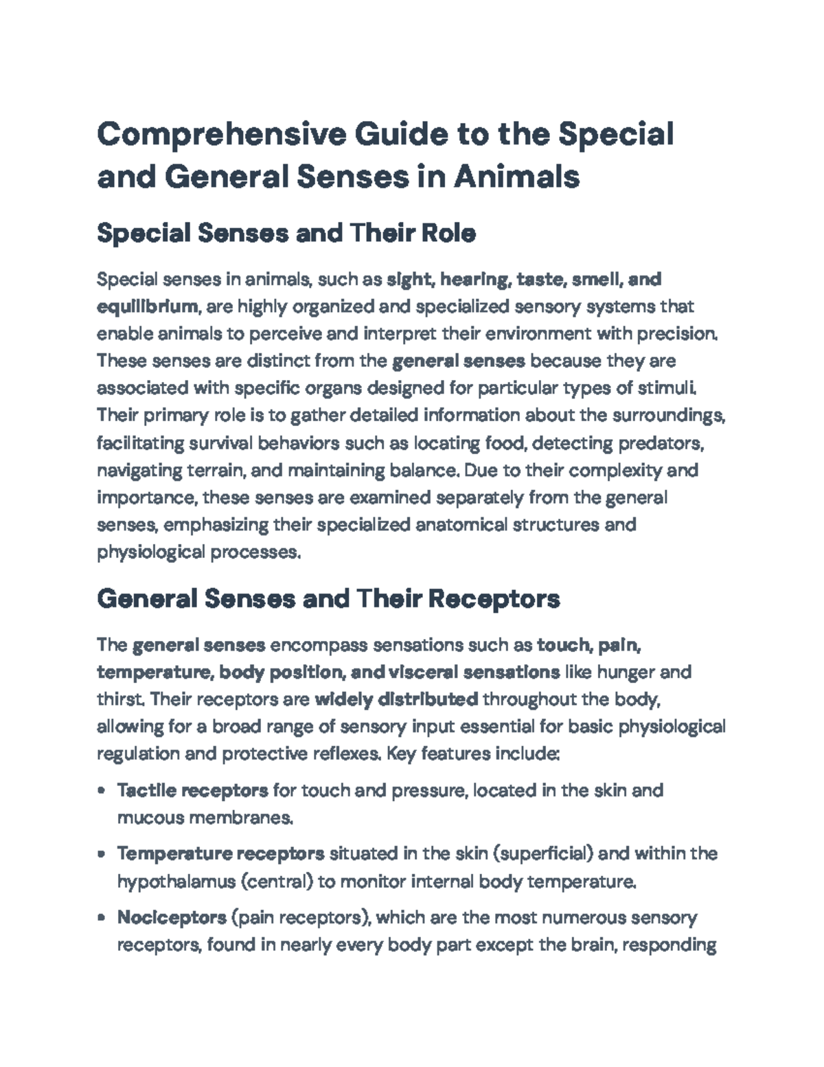 Comprehensive Overview of Special & General Senses in Animals - Studocu