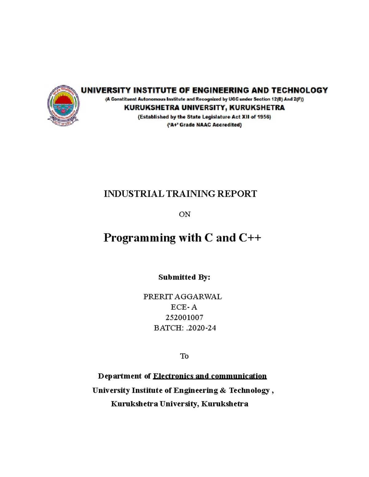 Industrial Training Report on Programming in C/C++ for ECE 252001007 ...