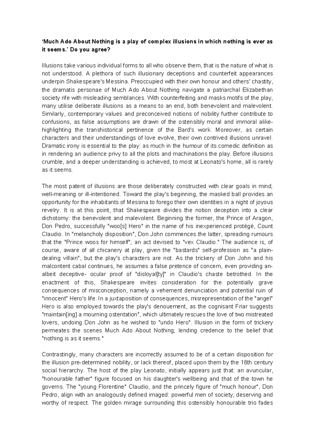 Much Ado About Nothing Essay Analysis: Illusions and Deceptions - Studocu