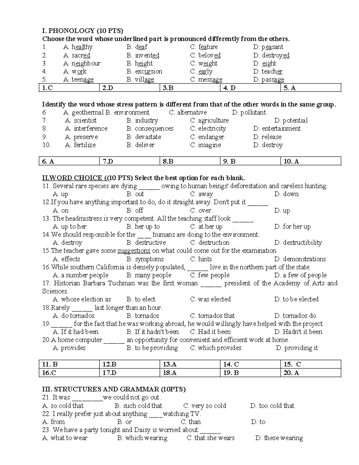 Anh 10 - Phonology, Word Choice, Structures, and Reading Comprehension ...