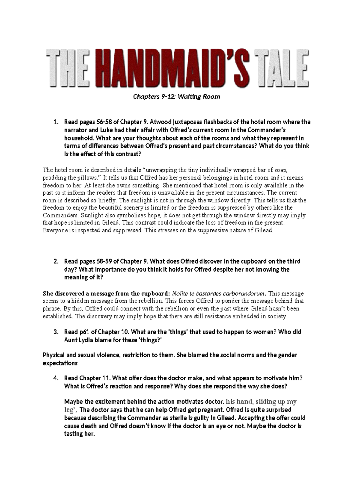 ENG 101: Chapter Analysis and Symbolism in "The Handmaid's Tale" - Studocu