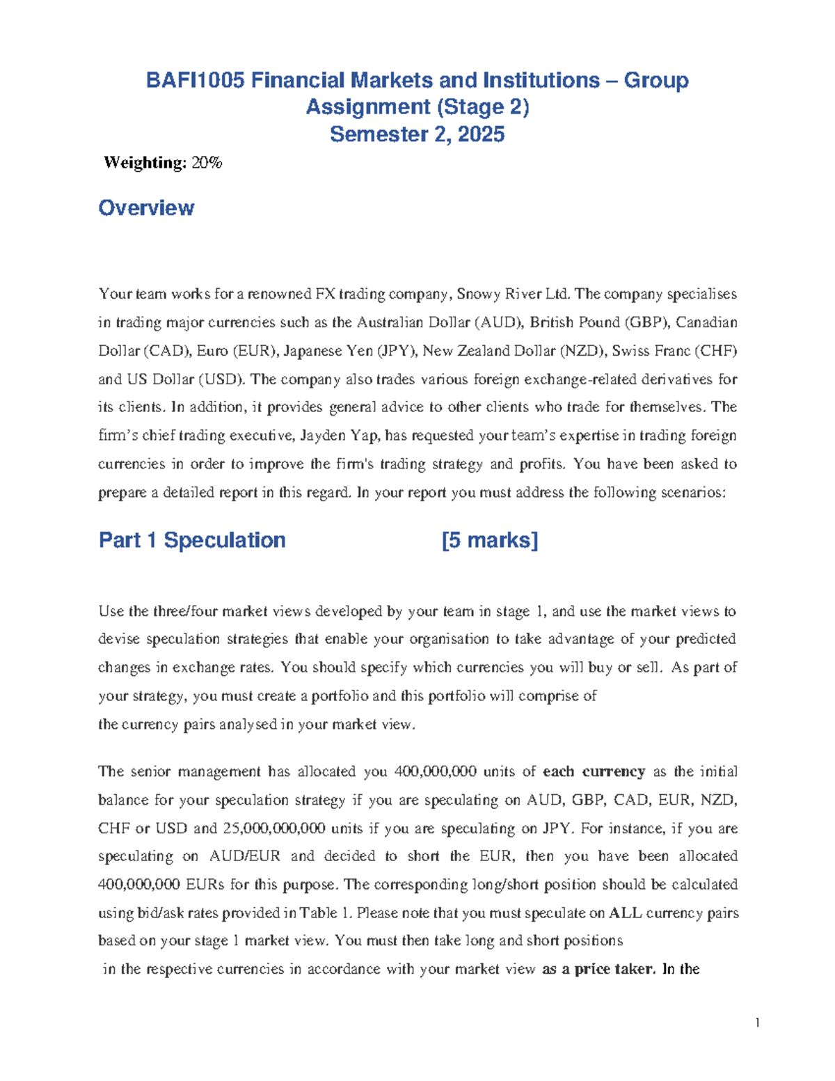 BAFI1005 Financial Markets & Institutions Group FX Assignment (Stage 2 ...