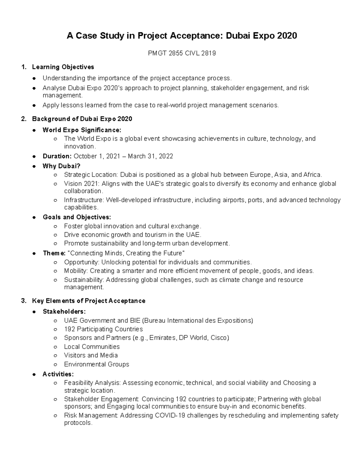 Case Study - Analyse Dubai Expo 2020’s approach to project planning ...