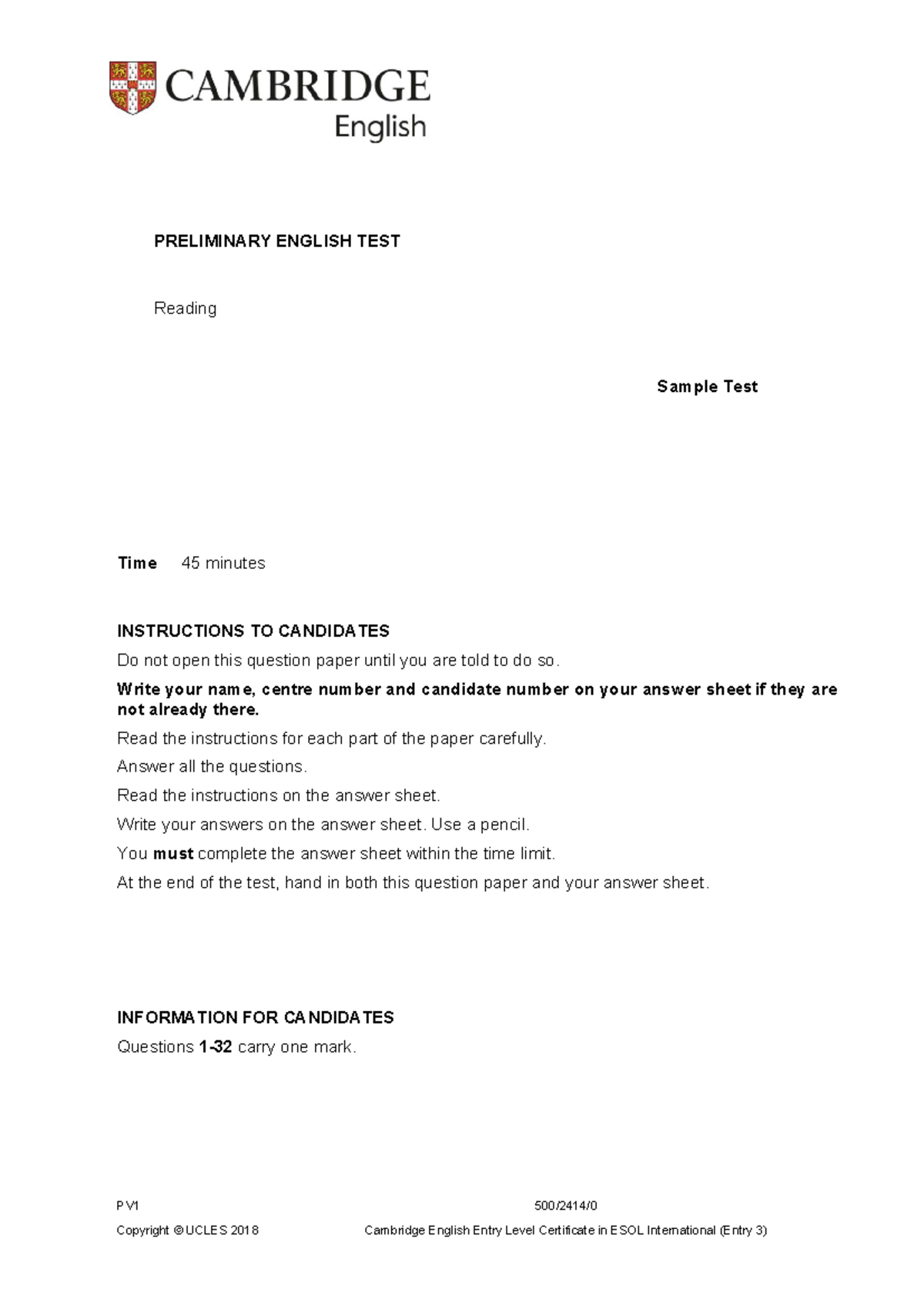 B1 Preliminary 2022 Sample Test: Reading Question Paper - Studocu