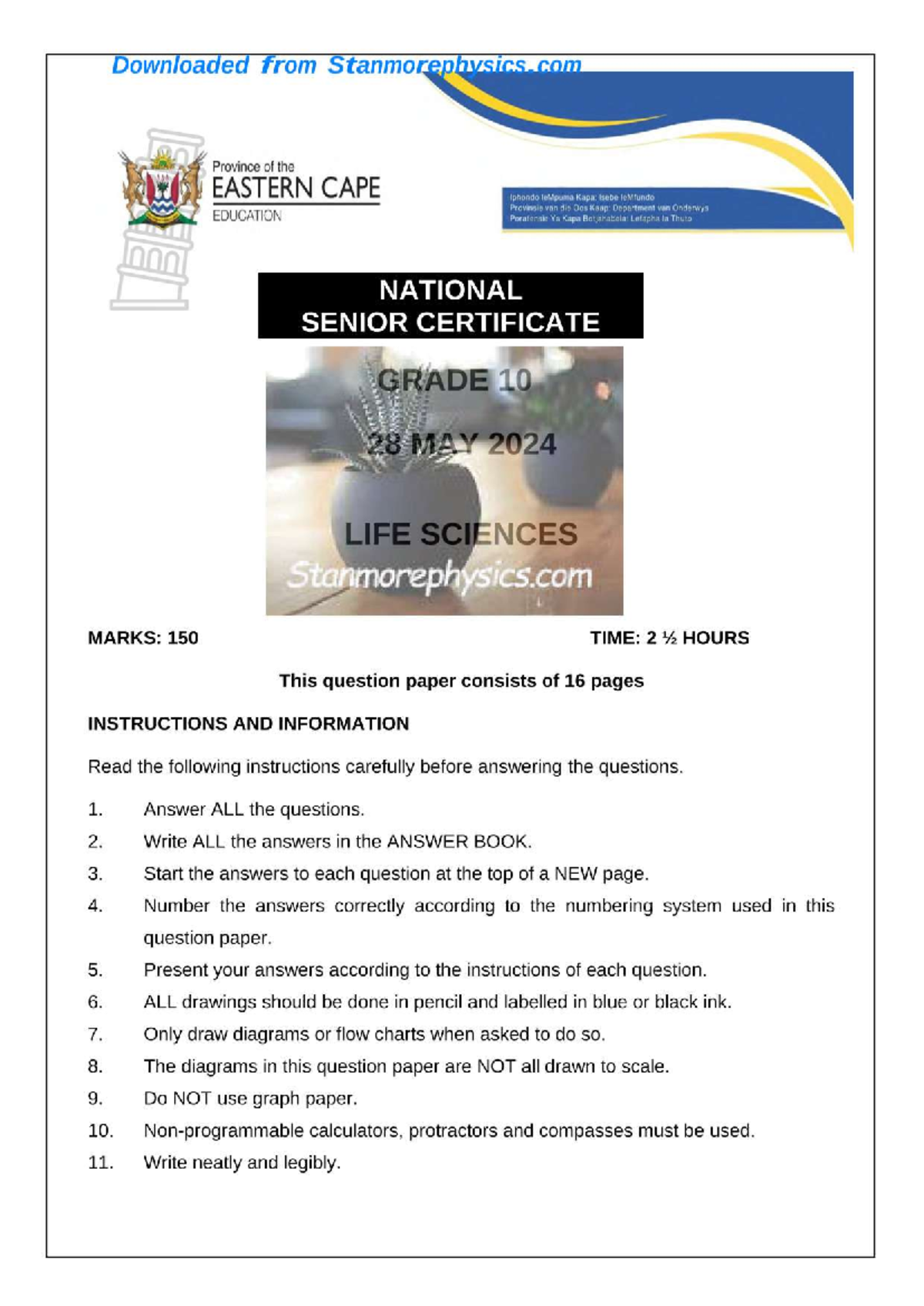EC Life Sciences Grade 10 June 2024 Question Paper and Memo - Studocu