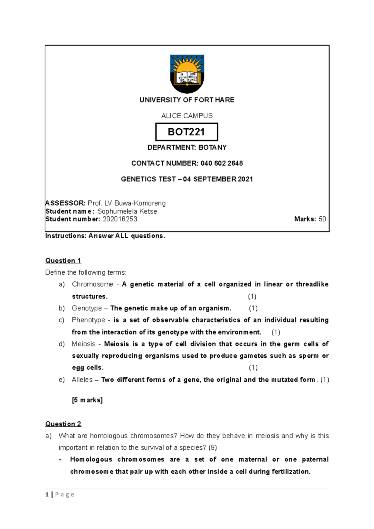 Botany 221 Genetics Test 2021 - UFH - Studocu