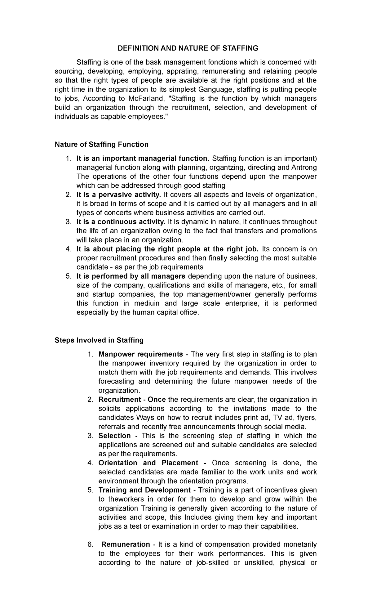 Nature of Staffing: Understanding Essential Management Functions - Studocu