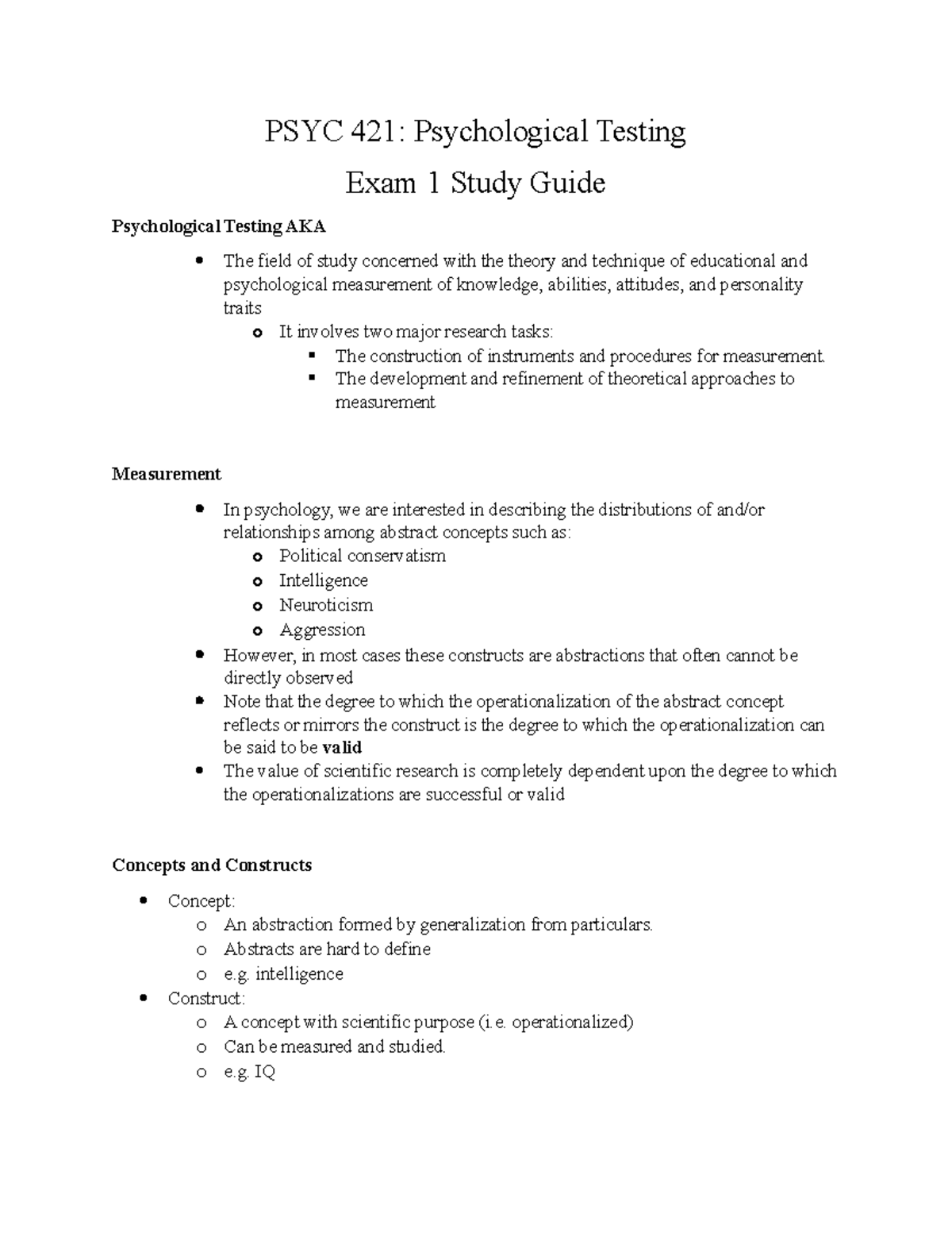 PSYC 421 Exam 1 Study Guide: Key Concepts in Psychological Testing ...