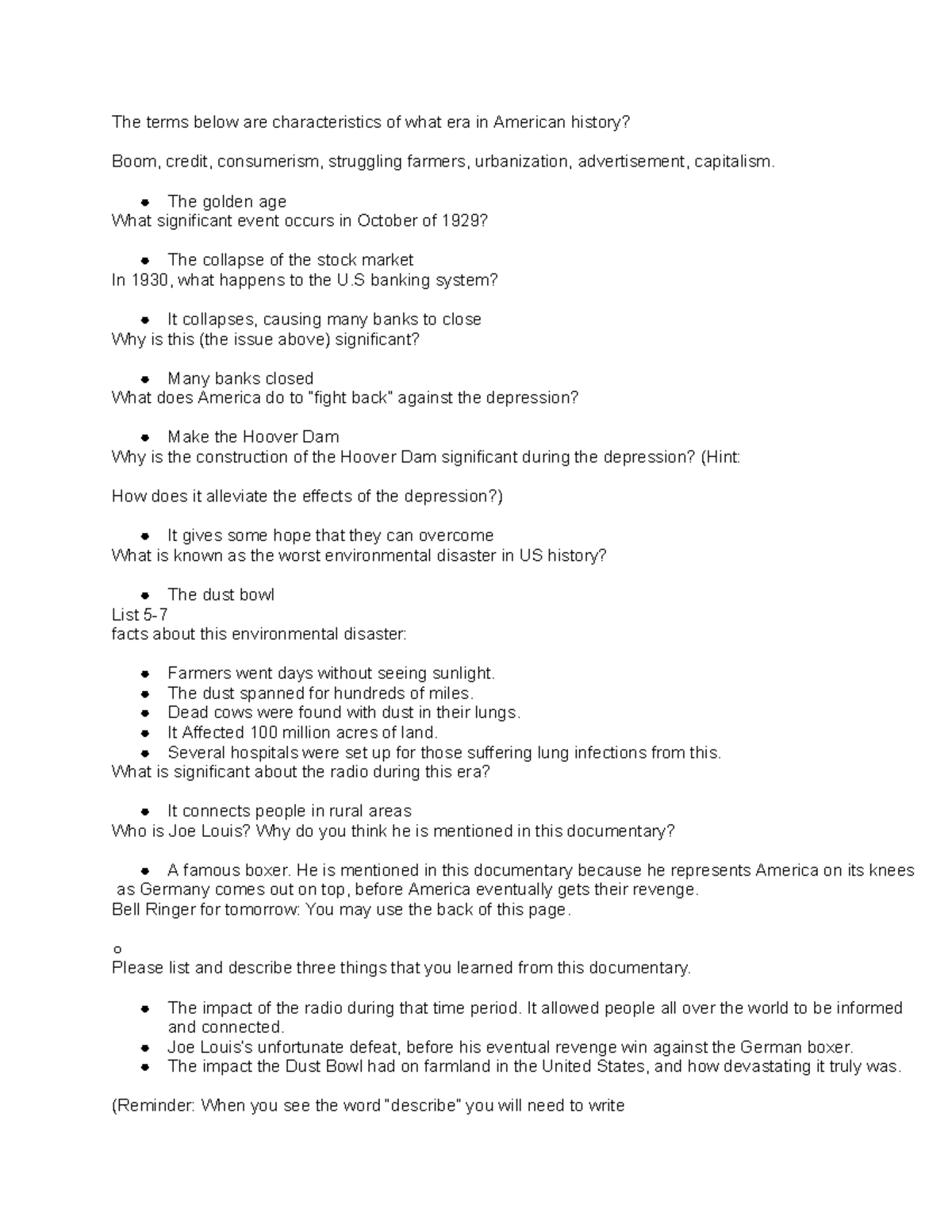 American Depression Documentary Notes: Key Events & Impacts - Studocu