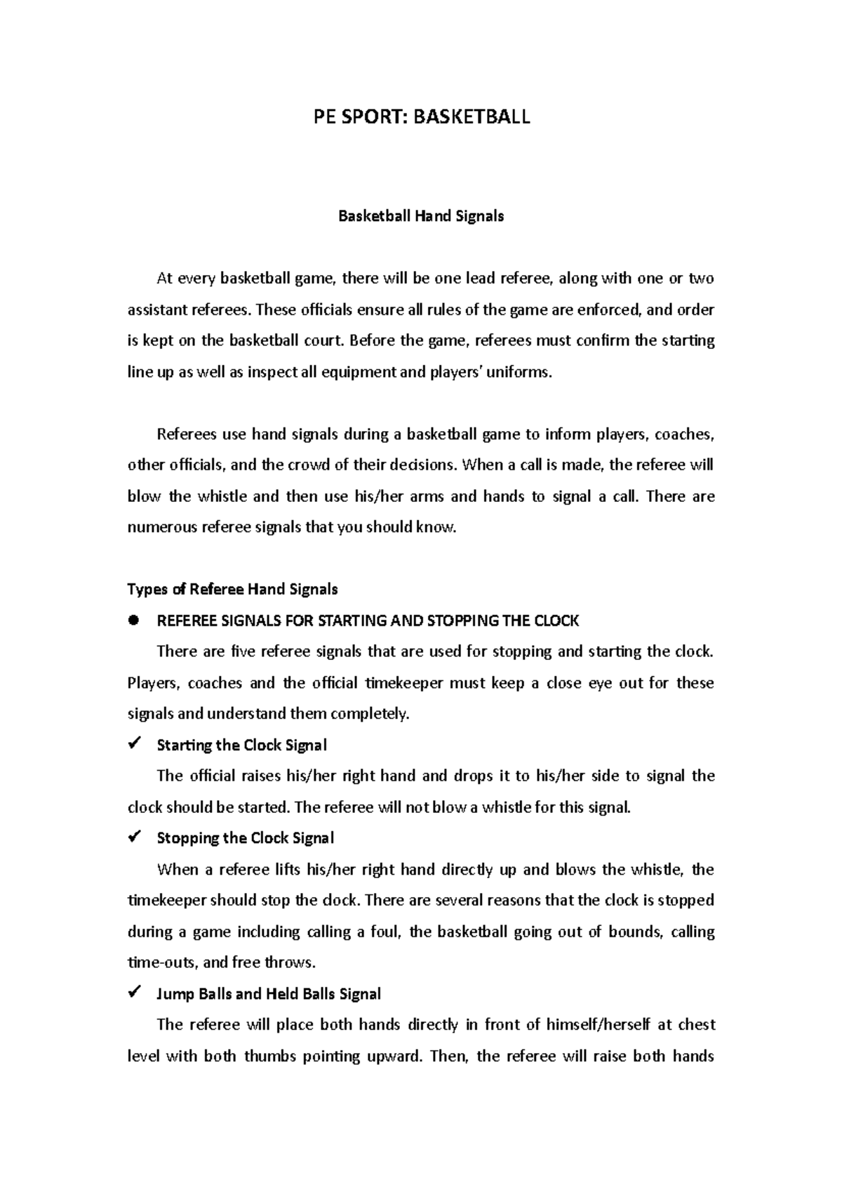 PE 101: Basketball Hand Signals Guide for Referees - Studocu