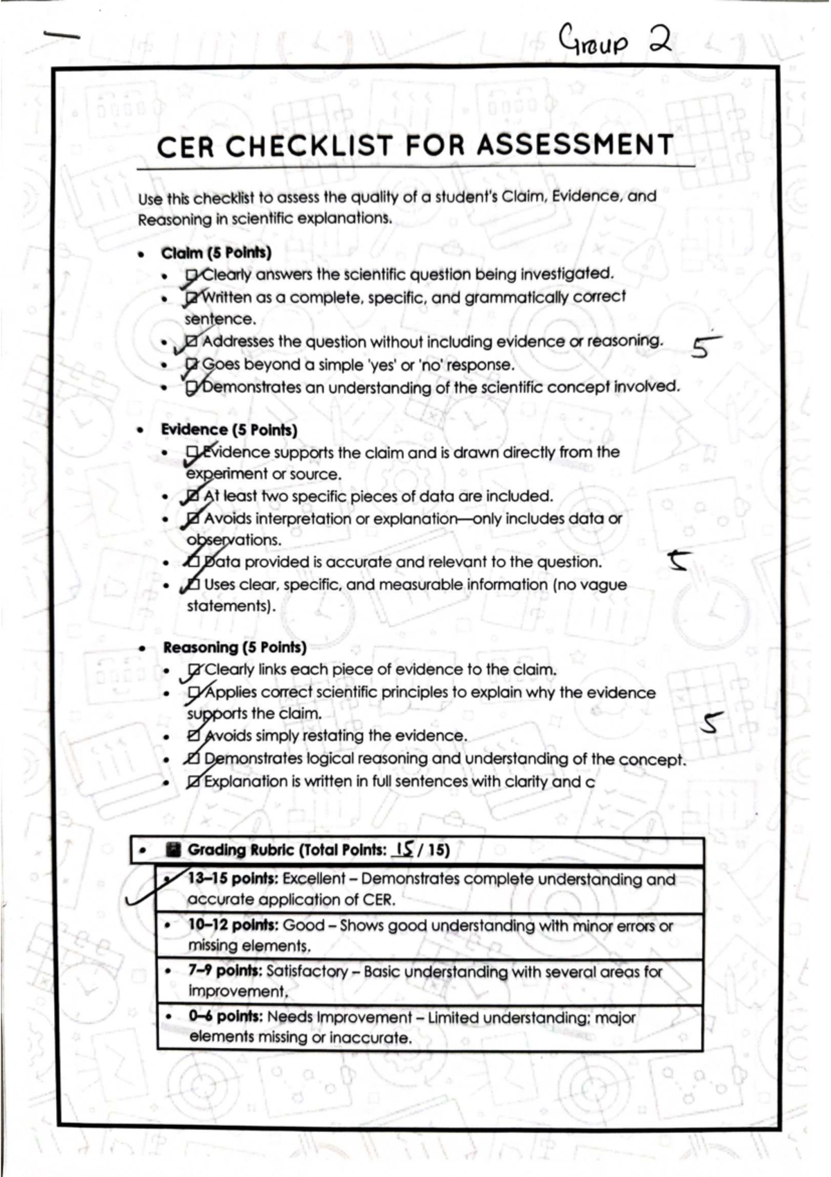 Group 2 CER Assessment Checklist: Claim, Evidence, Reasoning Framework ...