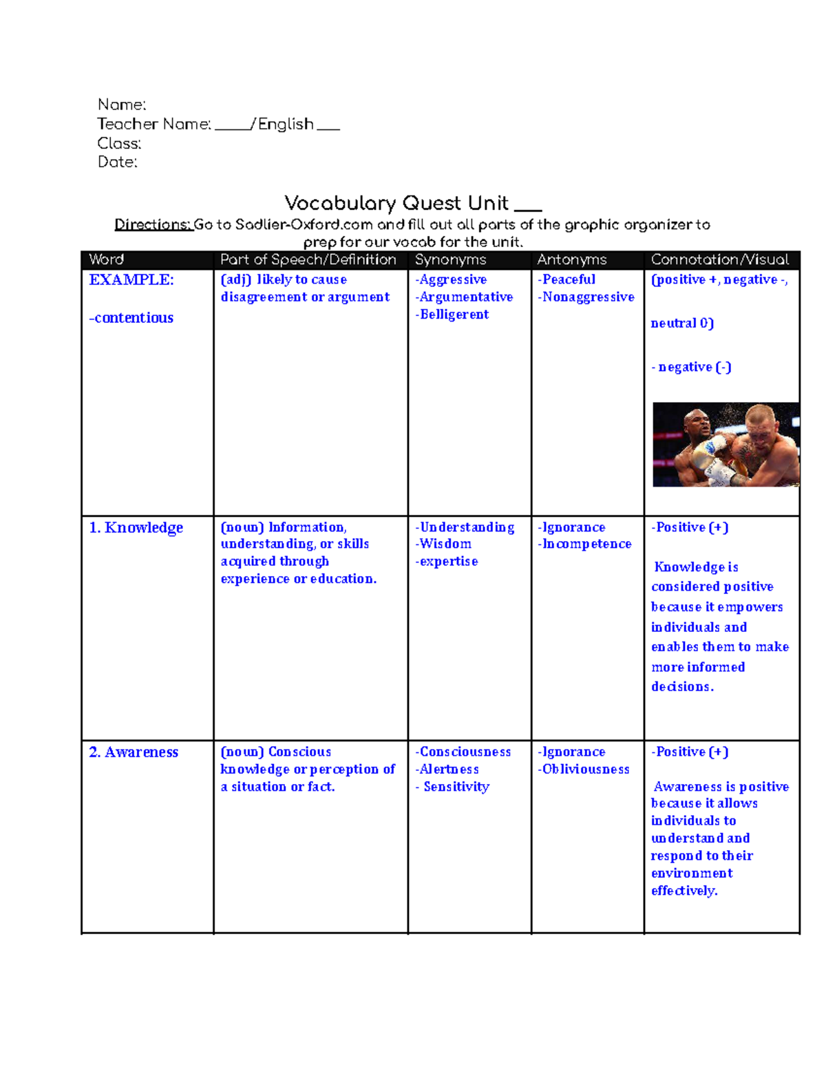 ENG 101: Vocabulary Quest Unit Graphic Organizer Template - Studocu