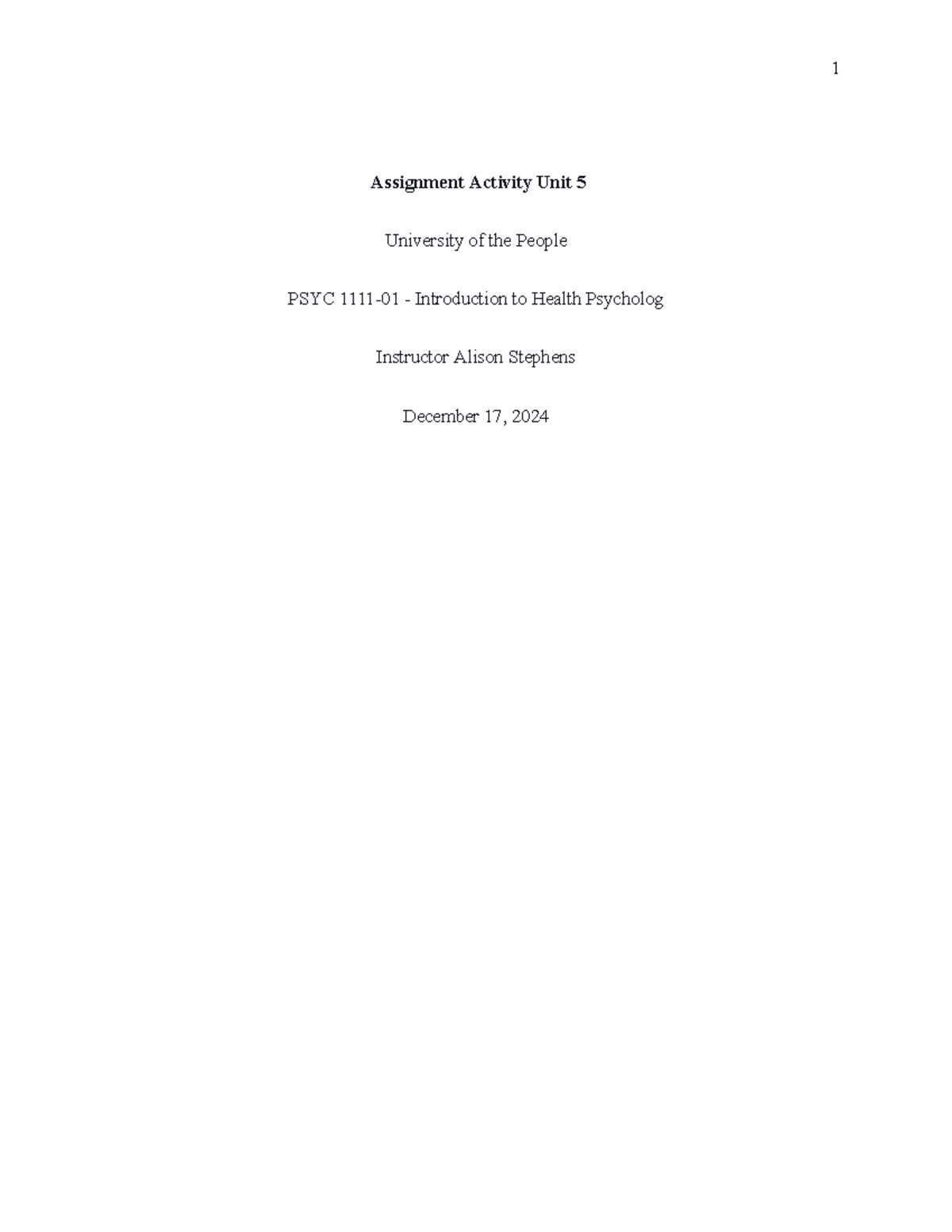 PSYC 1111 - Chronic Pain Management Program Assignment Activity Unit 5 ...