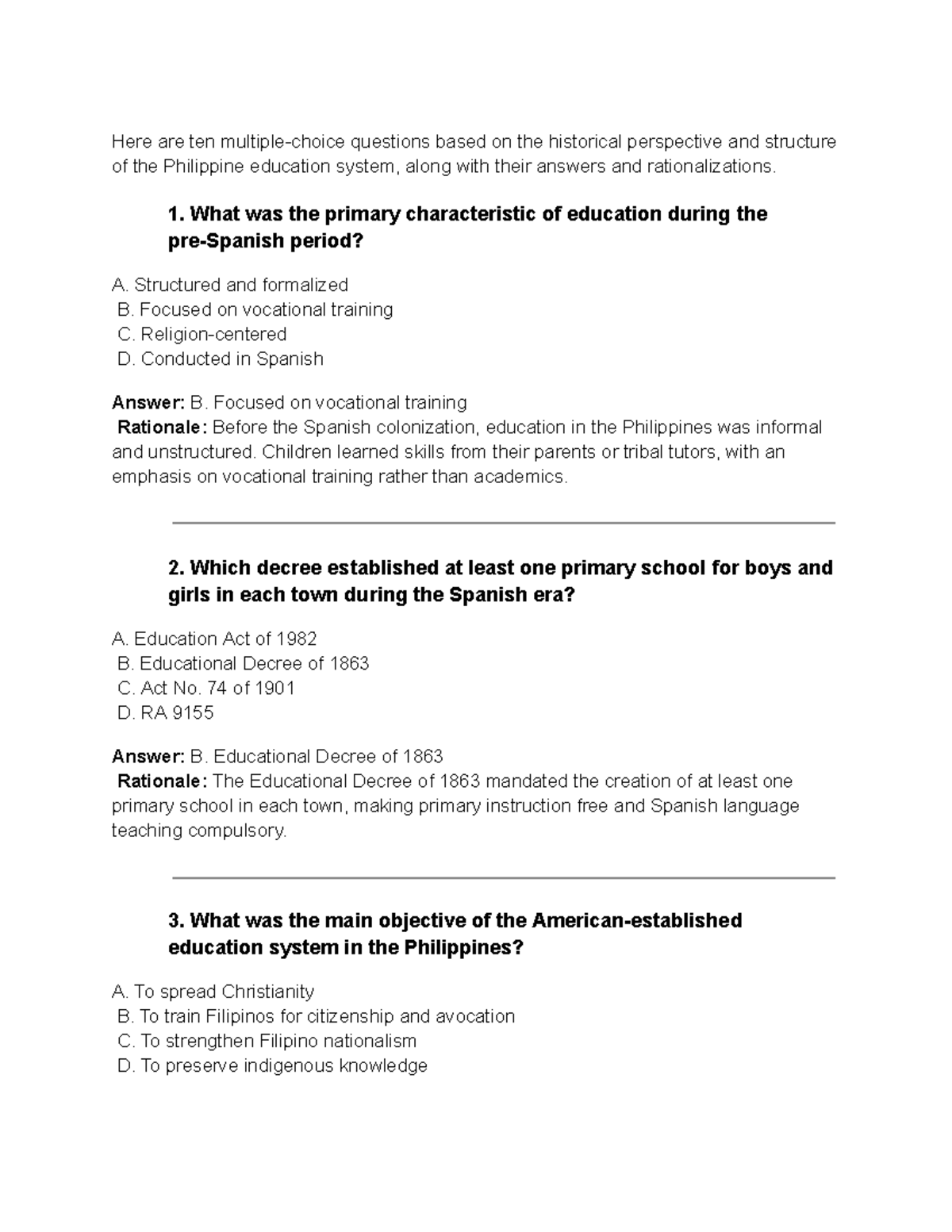Deped Drills - Here are ten multiple-choice questions based on the ...