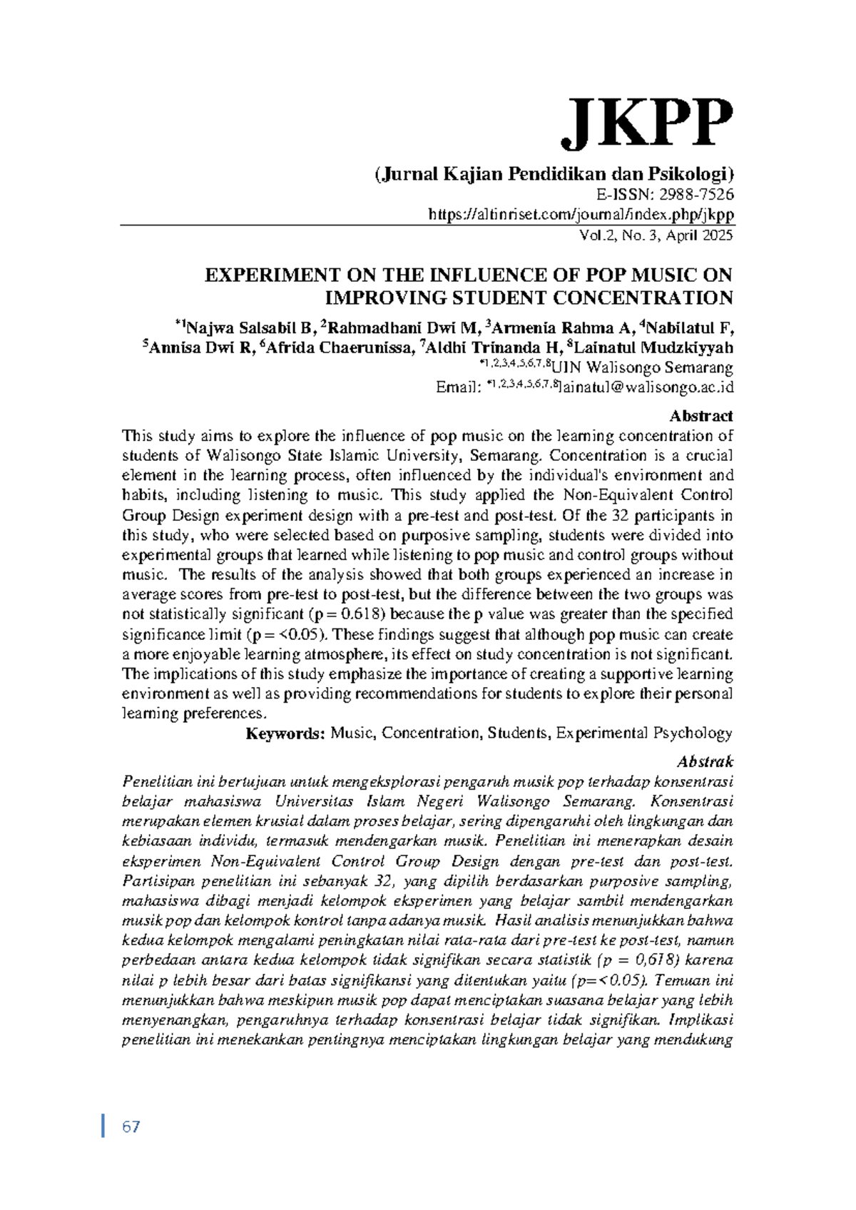 JKPP Vol.2 No.3: Impact of Pop Music on Student Concentration - Studocu