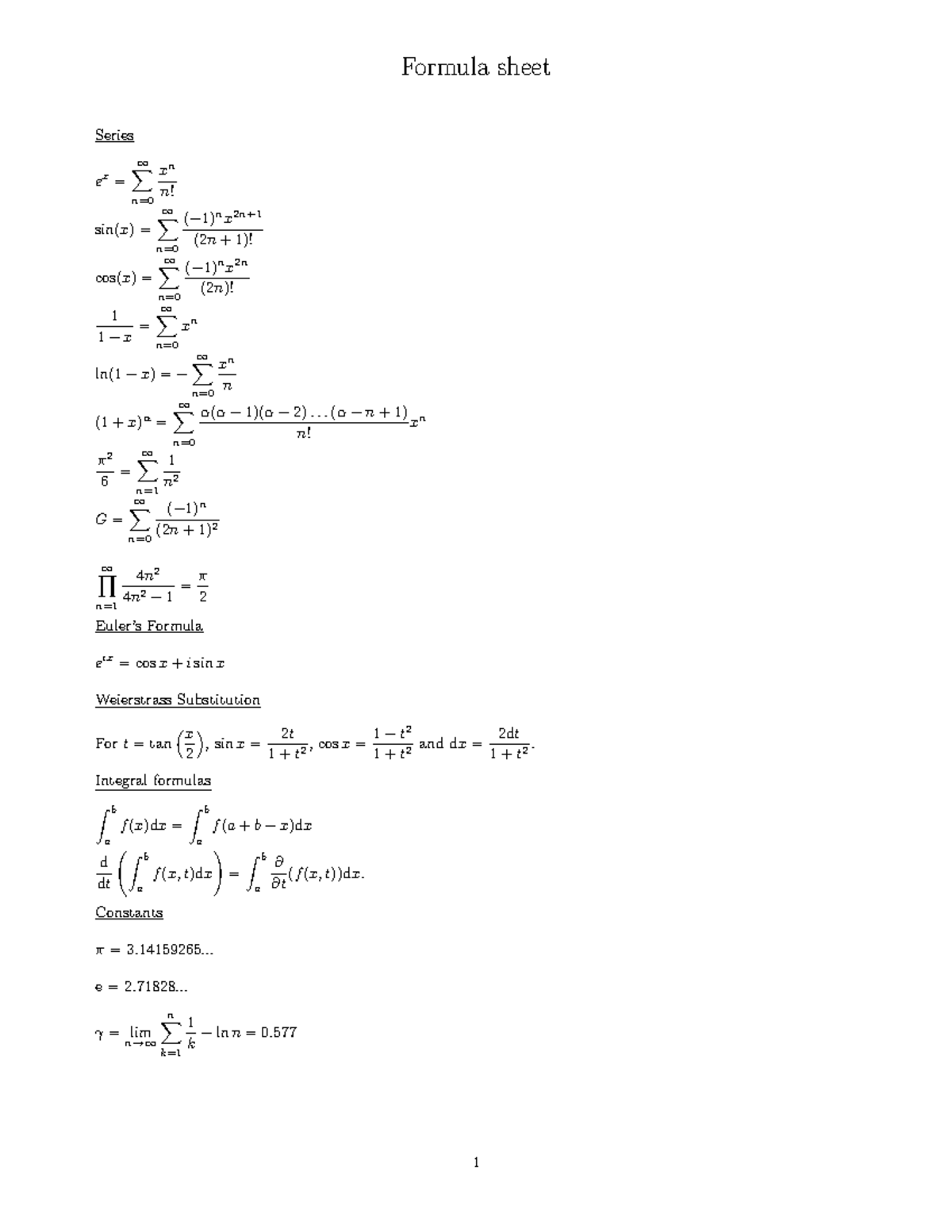 Formula Sheet for Series and Integral Formulas - AAAAAA - Studocu