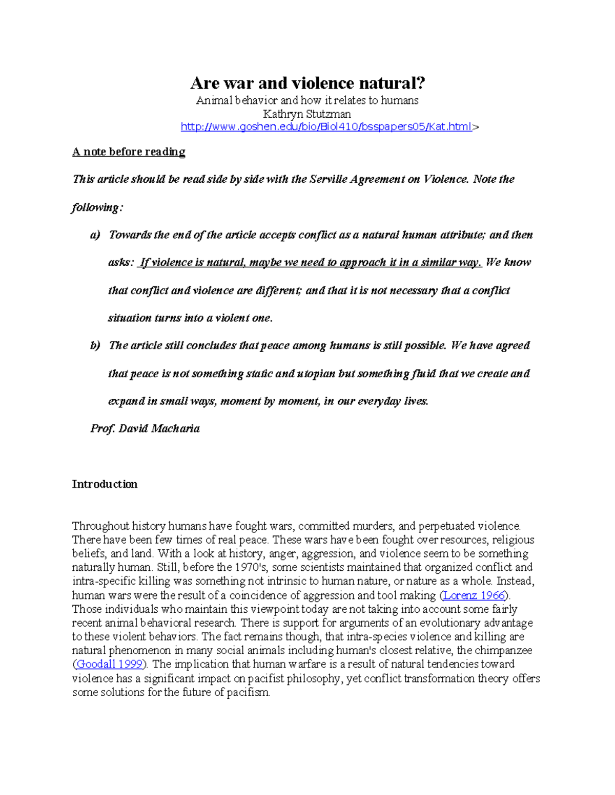 Are War and Violence Natural? Insights from Animal Behavior and Human ...