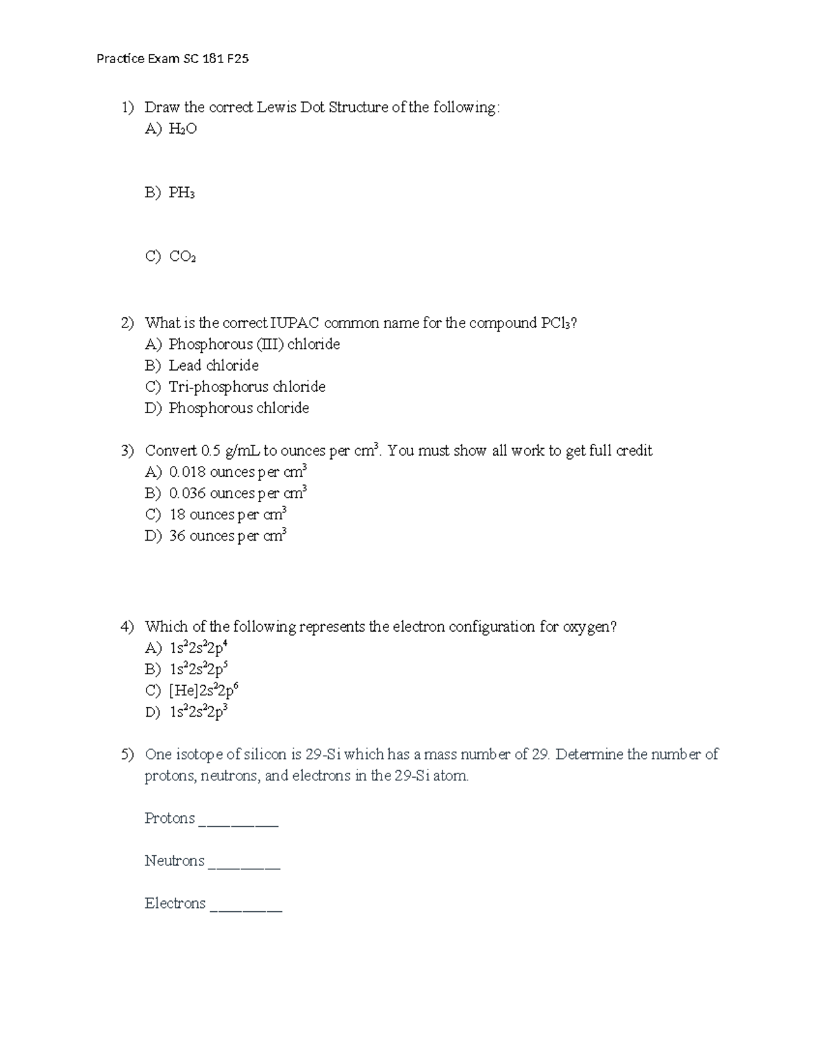 Practice Exam SC 181 F25: Chemistry Concepts & Problem Solving Guide ...