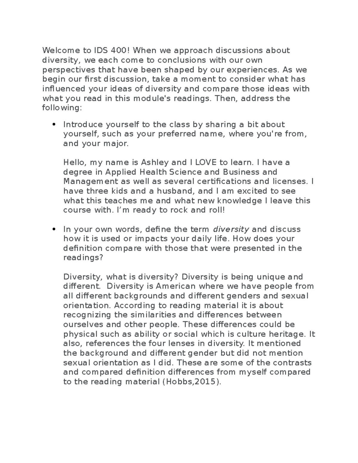 IDS 400 Discussion: Understanding and Defining Diversity - Studocu