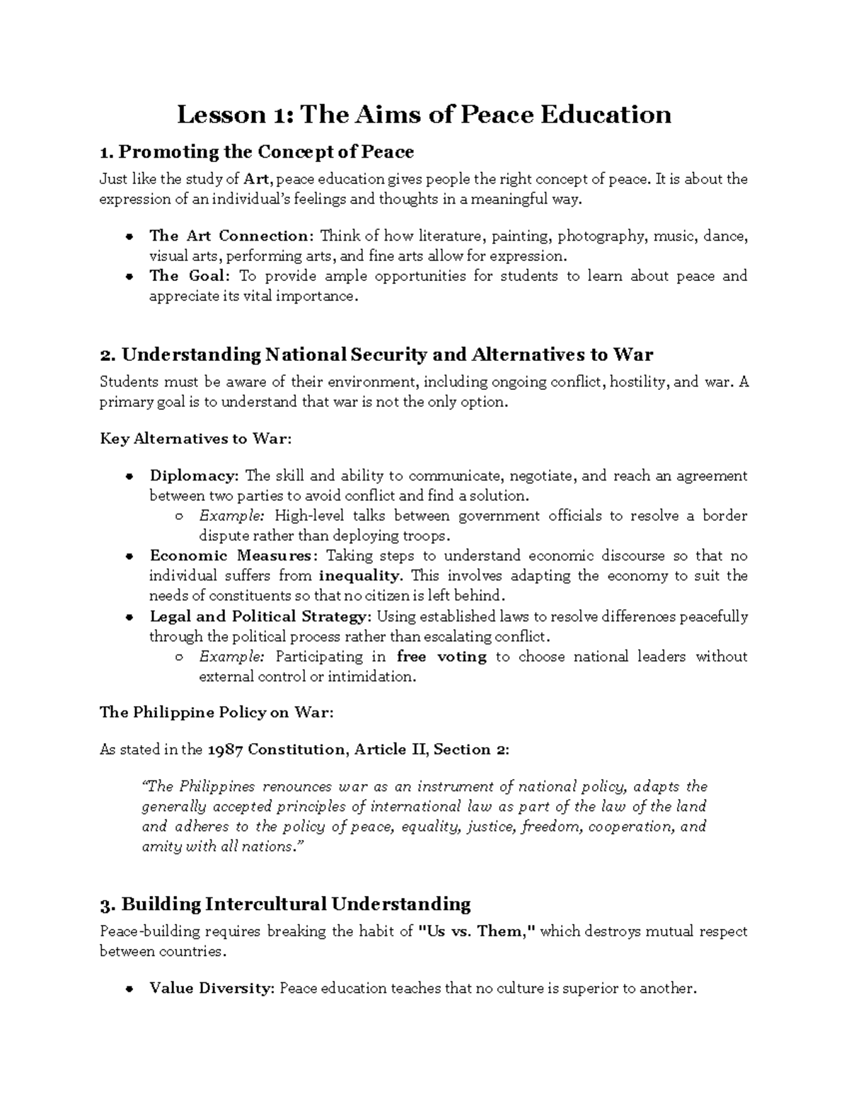 IDE 10.2 Lesson 1: Aims of Peace Education and National Security - Studocu