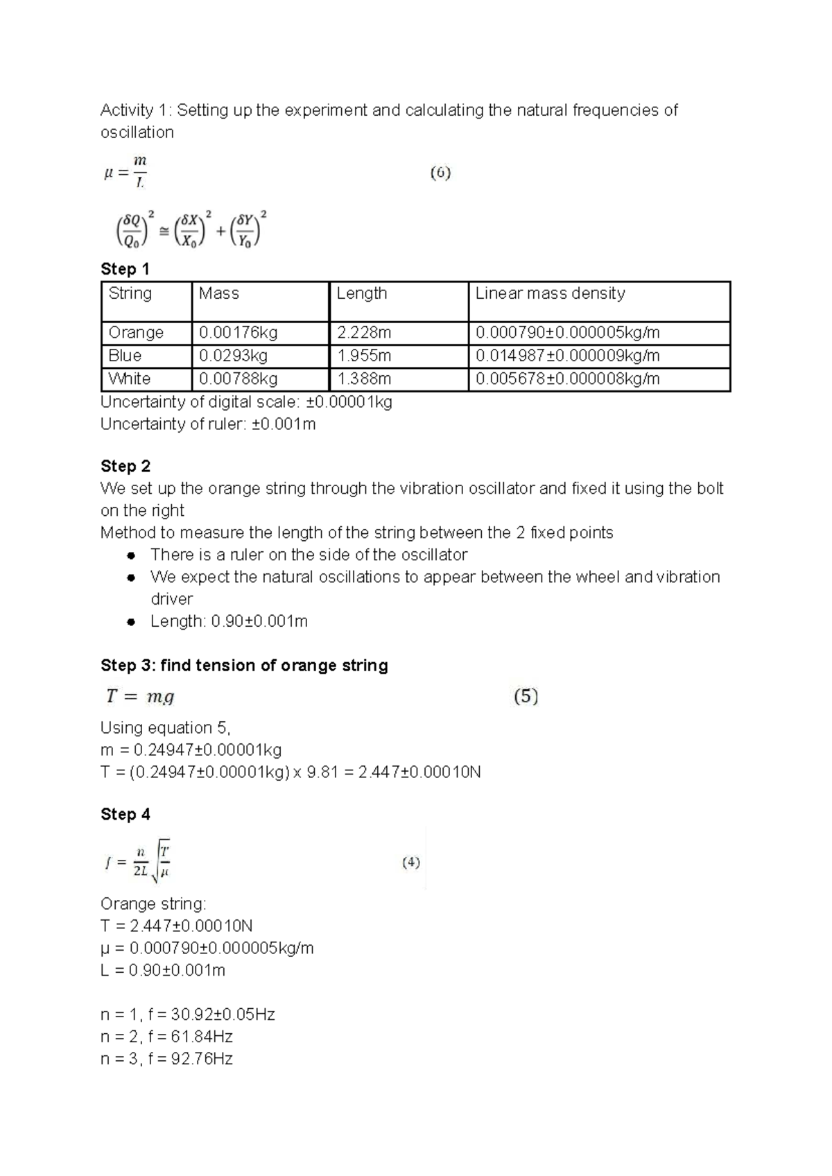 Lab 3: Experiment on Natural Frequencies of String Oscillation - Studocu