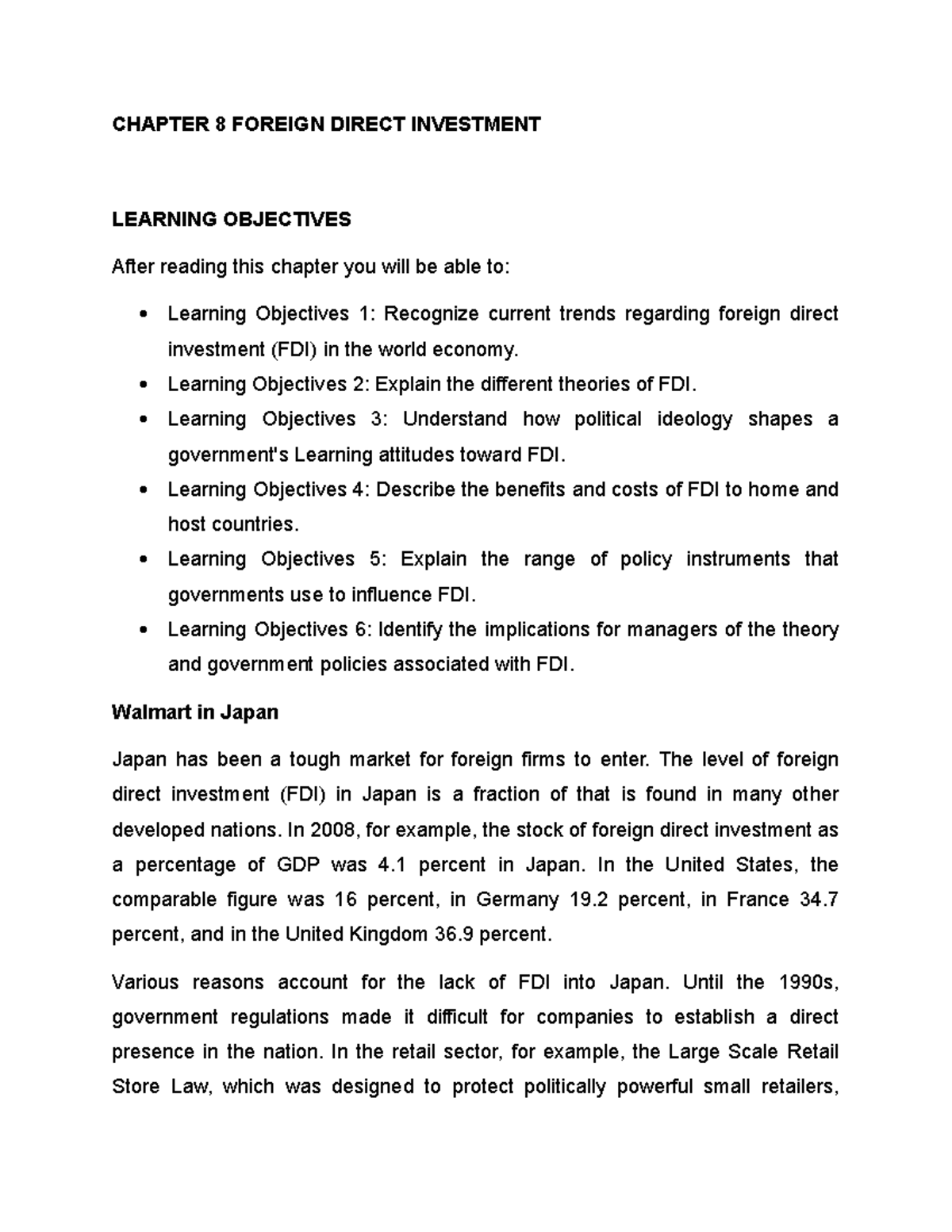 Edited IB Chapter 8 - INTERNATIONAL BUSINESS - CHAPTER 8 FOREIGN DIRECT ...
