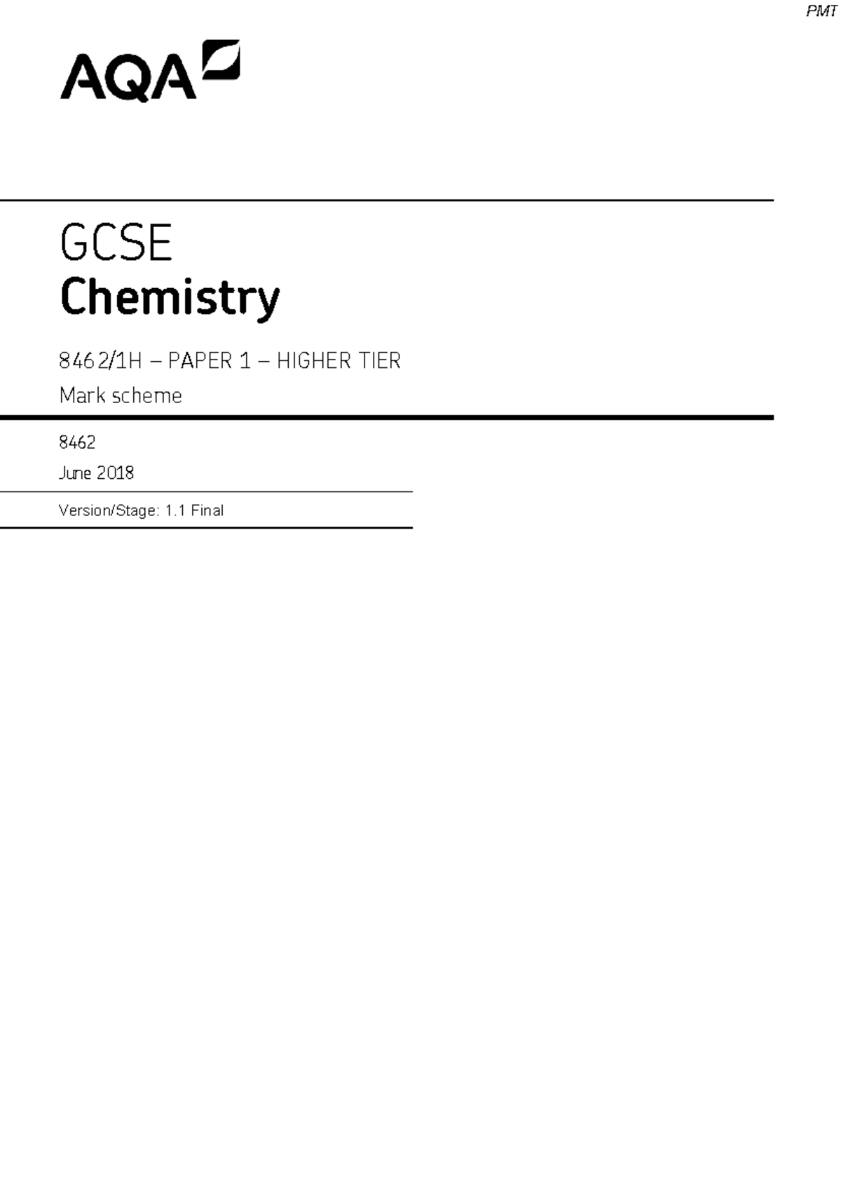 GCSE Chemistry Mark Scheme - 8462/1H - June 2018 Exam - Studocu