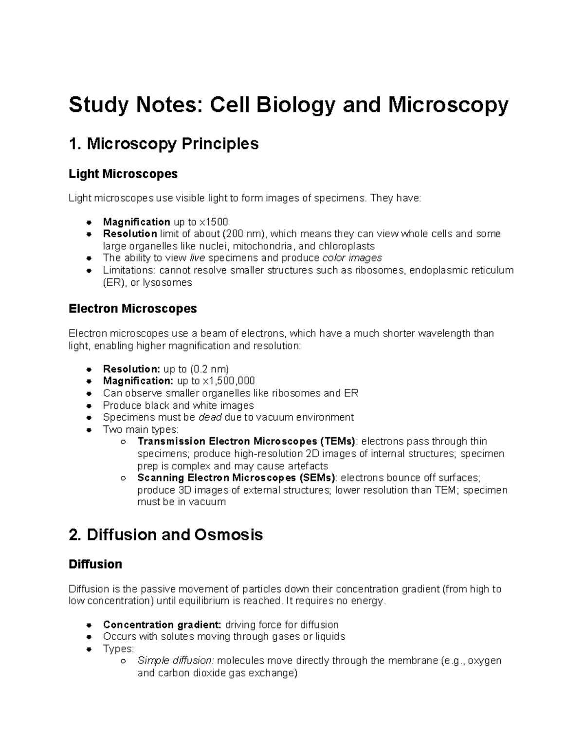 Biology Study Notes: Cell Biology & Microscopy (BIO101) - Studocu