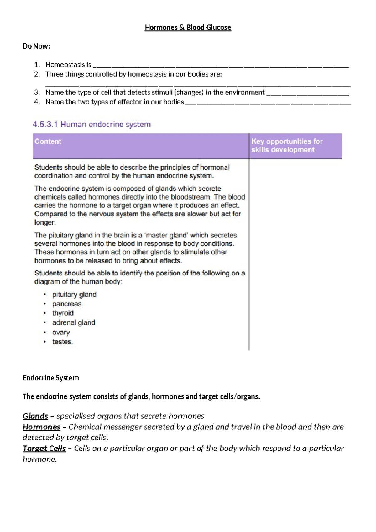 Hormones & Blood Glucose - Hormones & Blood Glucose Do Now: 1 ...