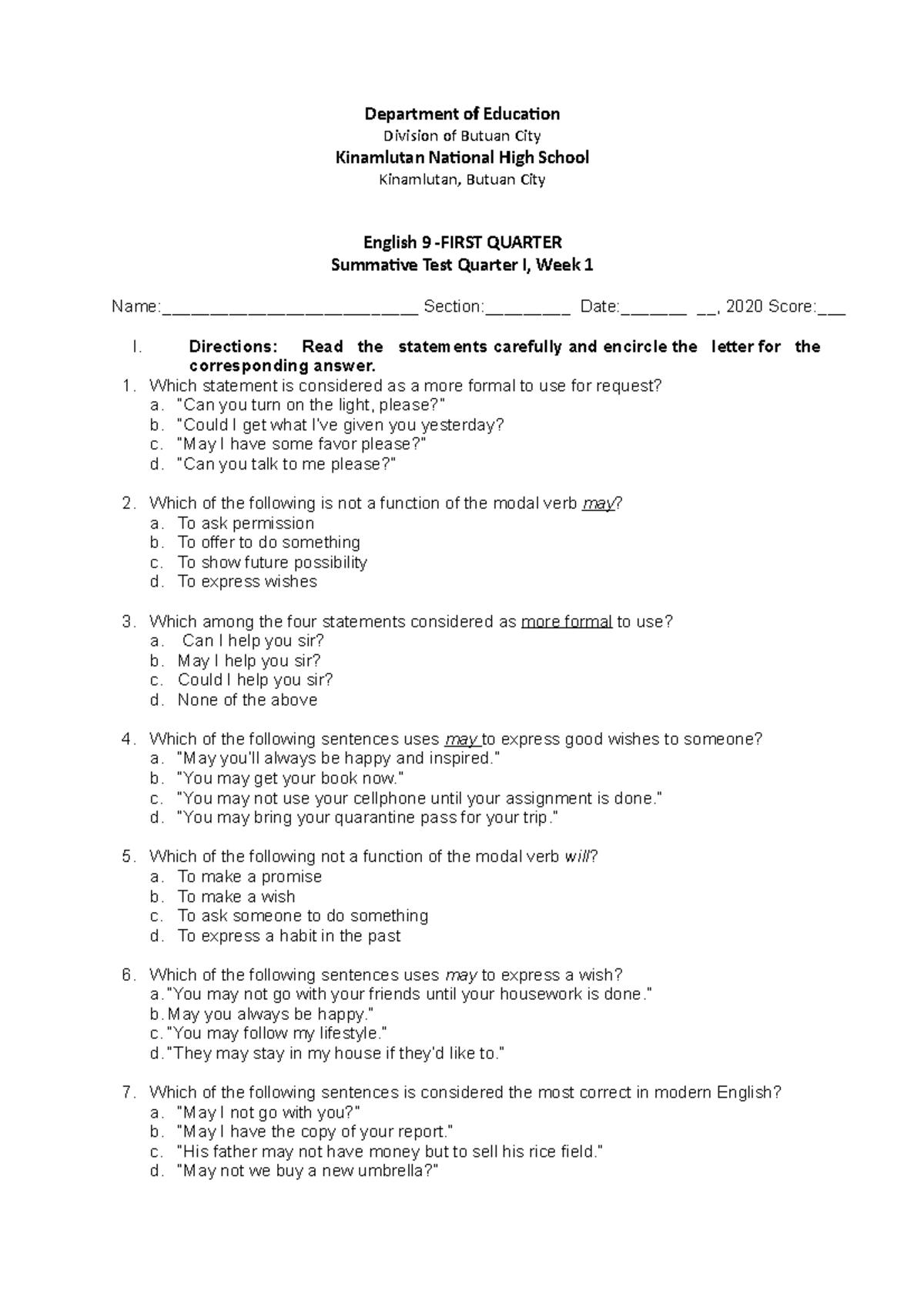 Q1 ENG 9 W1 - Summative Test for Grade 9 Learners in English 9 - Studocu