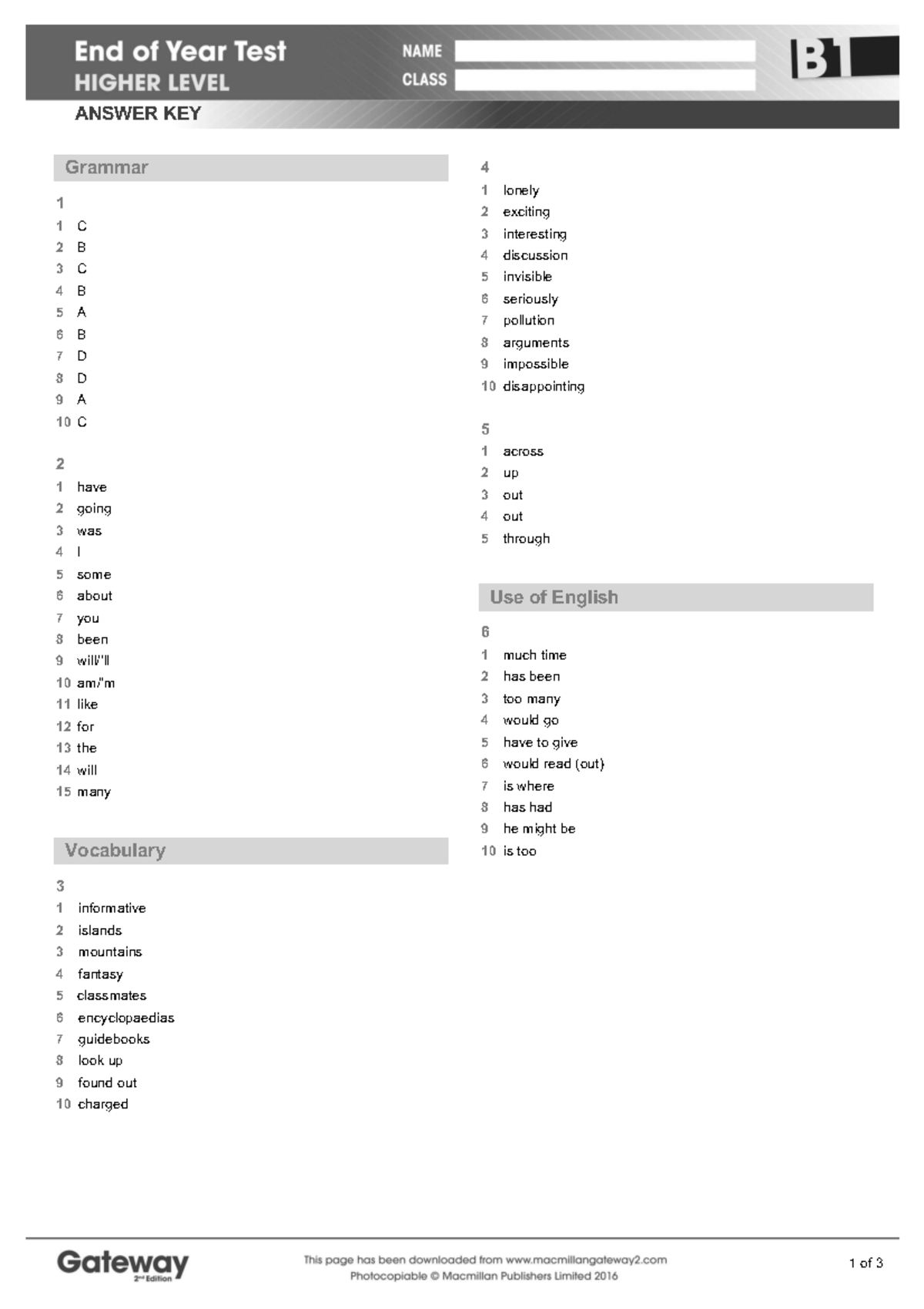B1 End of Year Test Answer Key - Higher Level - Studocu