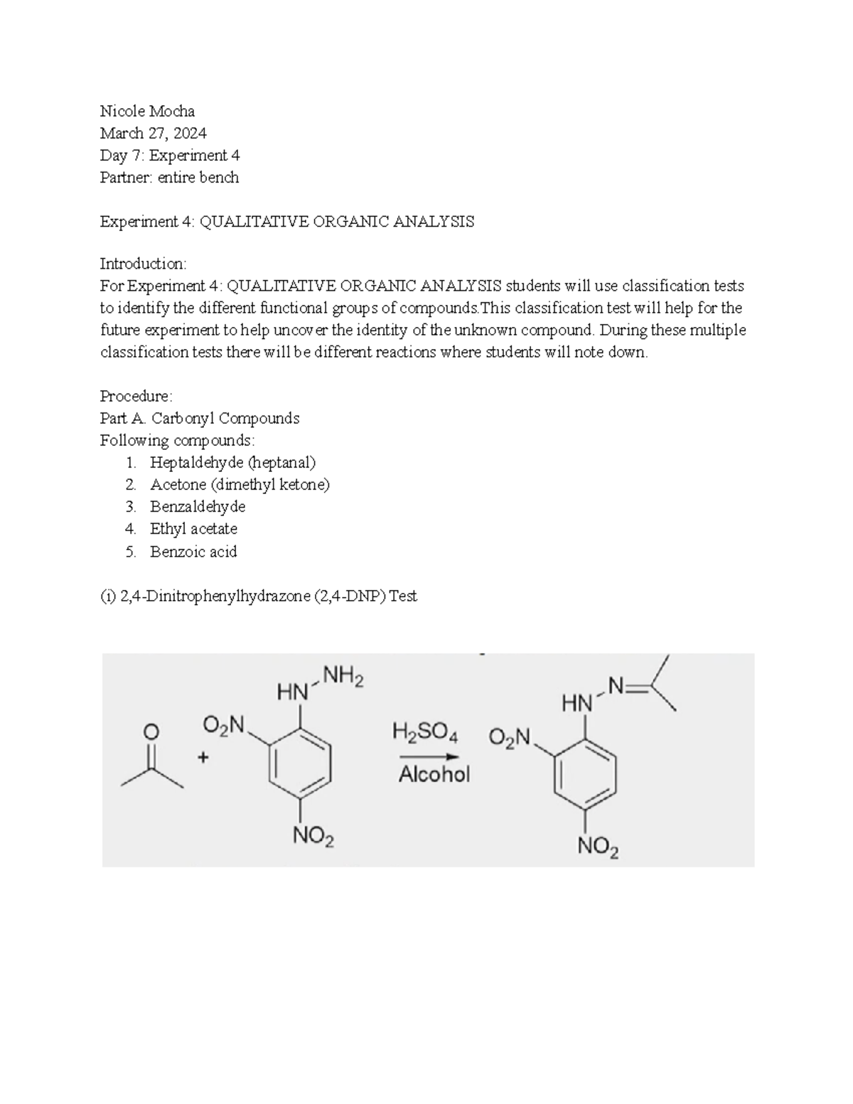 Lab 4 Qualitative Organic Analysis - Nicole Mocha March 27, 2024 Day 7: Experiment 4 Partner ...