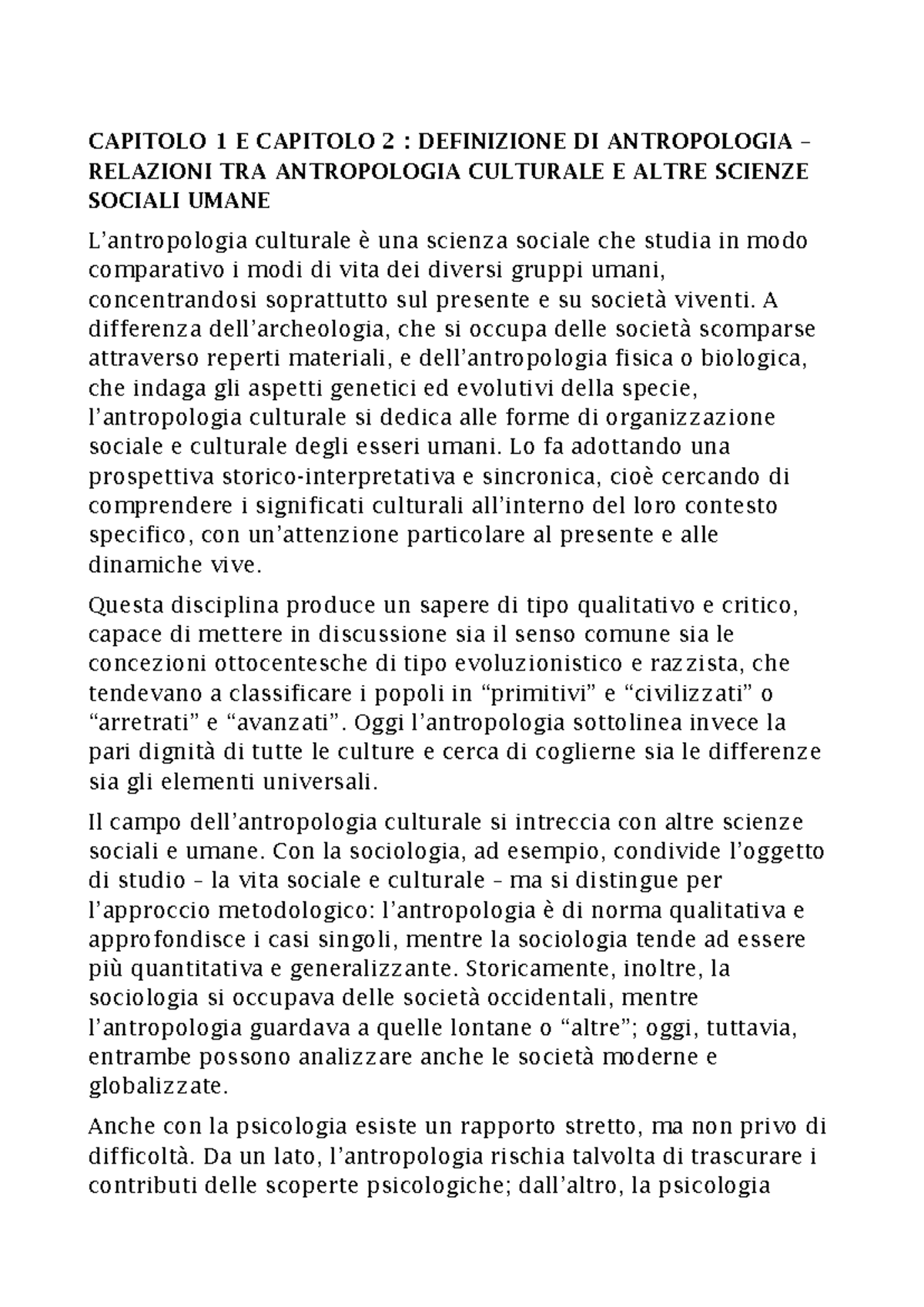 CAPITOLO 1 E 2: DEFINIZIONE E RELAZIONI DELL'ANTROPOLOGIA CULTURALE - Studocu