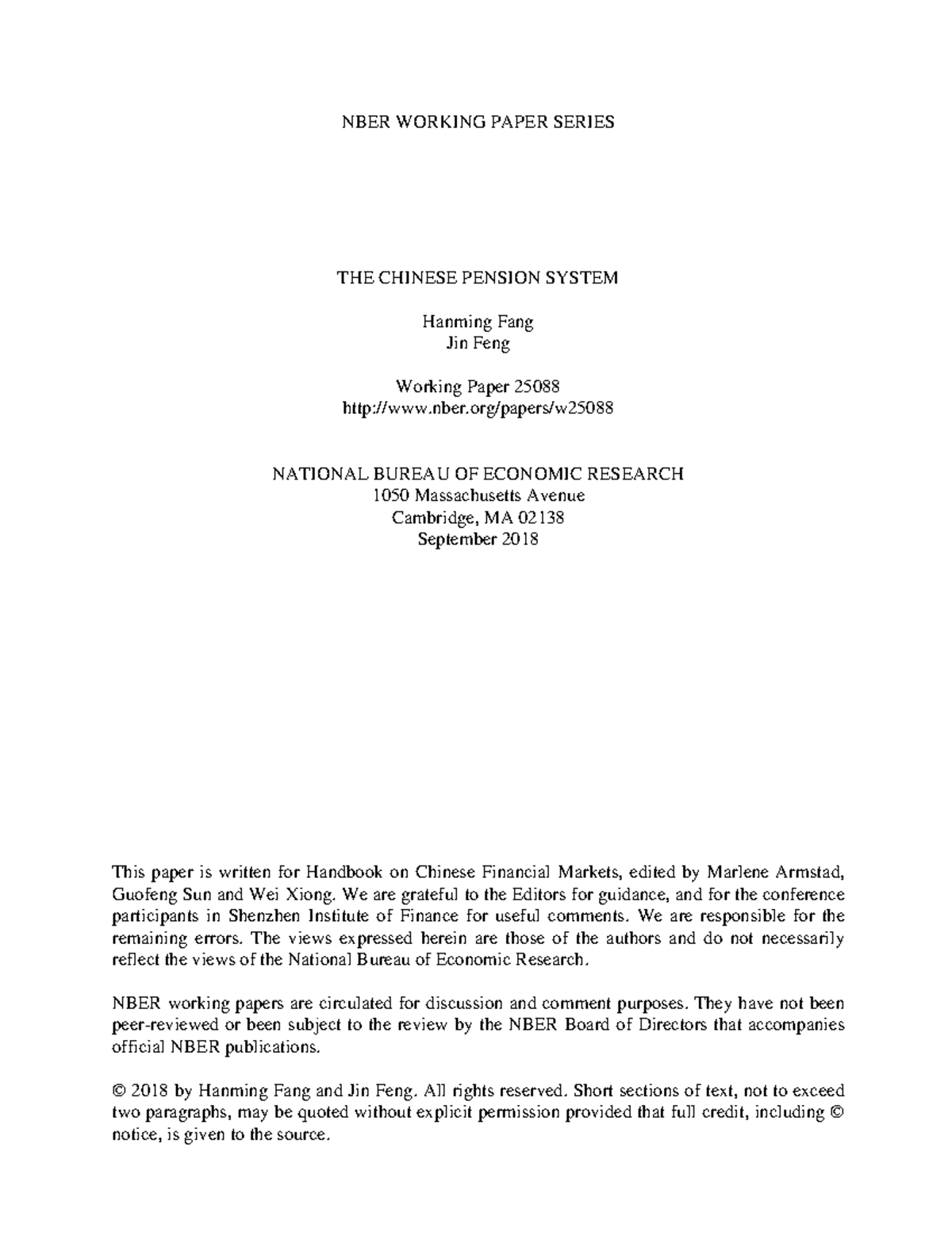 Overview of China's Pension System - NBER Working Paper 25088 - Studocu