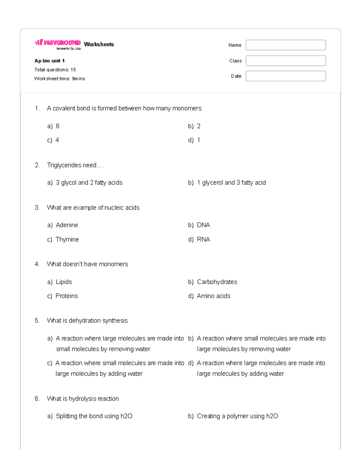 AP Bio Unit 1 Worksheets - Grade 10 Review (15 Questions) - Studocu