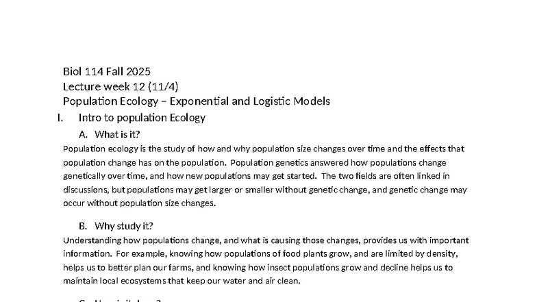 Biol 114 Fall 2025 Lecture Week 12: Population Ecology Models - Studocu