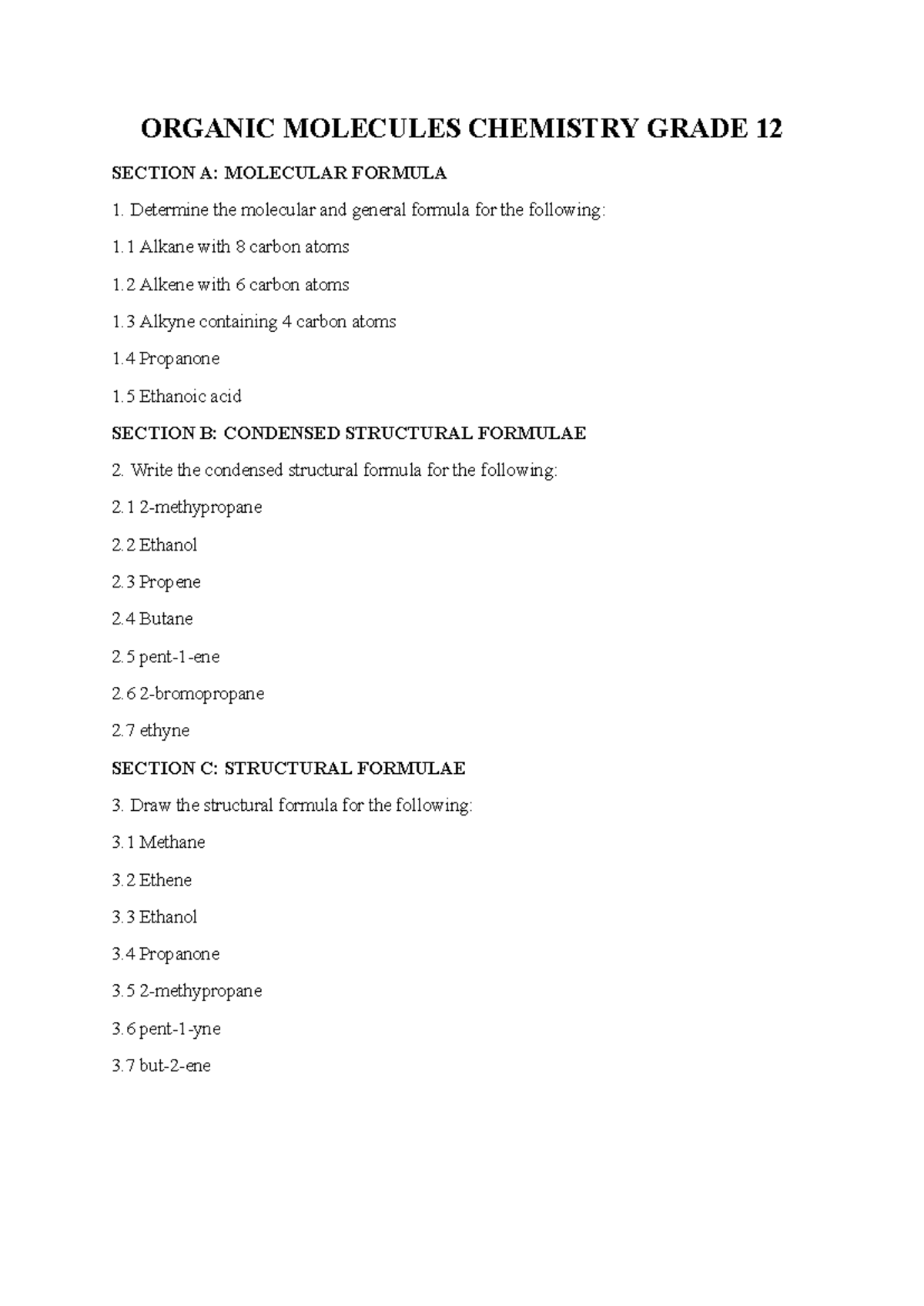 Organic Molecules Chemistry Grade 12: Molecular & Structural Formulas ...