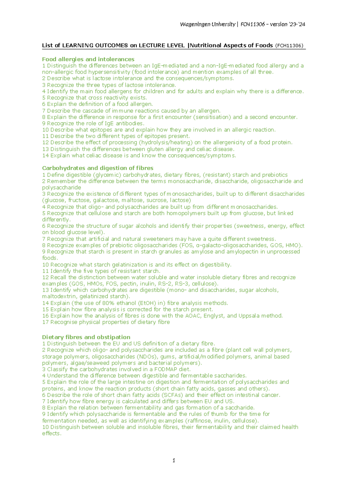 Wageningen University FCH11306 Learning Outcomes: Nutritional Aspects ...